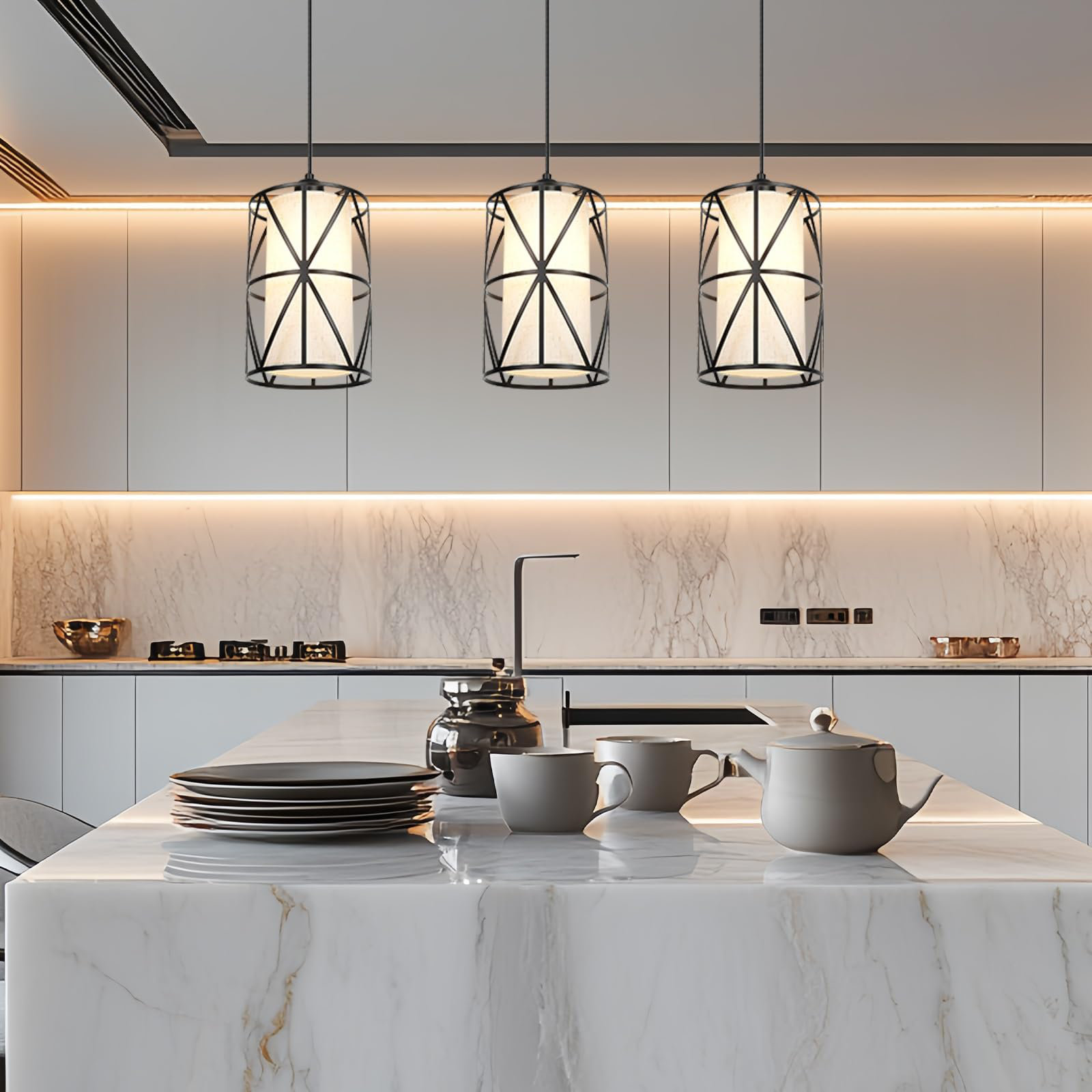 Latitude Run® Adjustable Height Kitchen Pendant Lights with Linen Shade ...