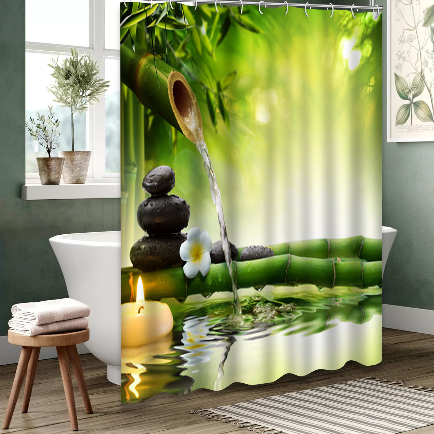 East Urban Home Water Spa Stones Bamboo Zen Green Flower Forest Shower ...