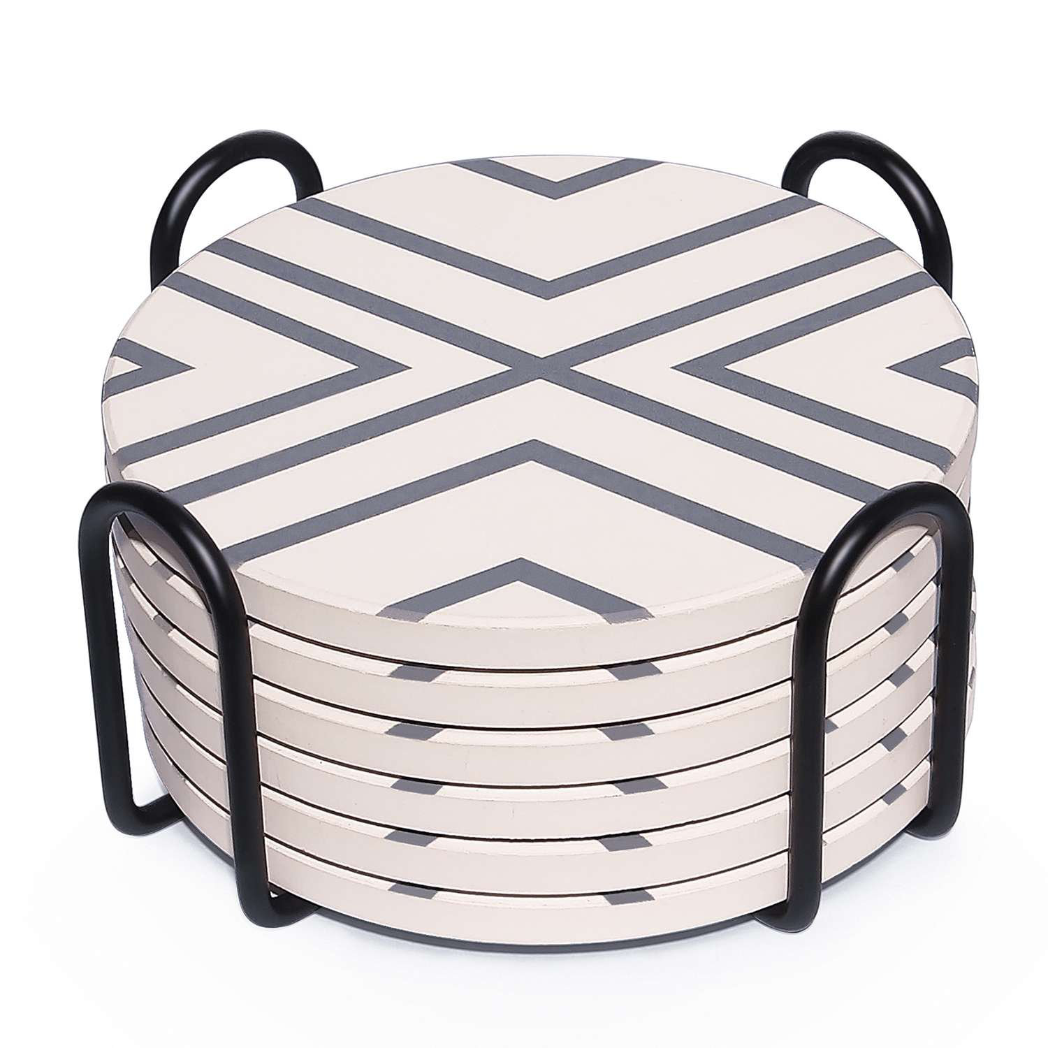 Ebern Designs 4" Modern Grey Line Coaster Set with Acrylic Holder - 6pc ...