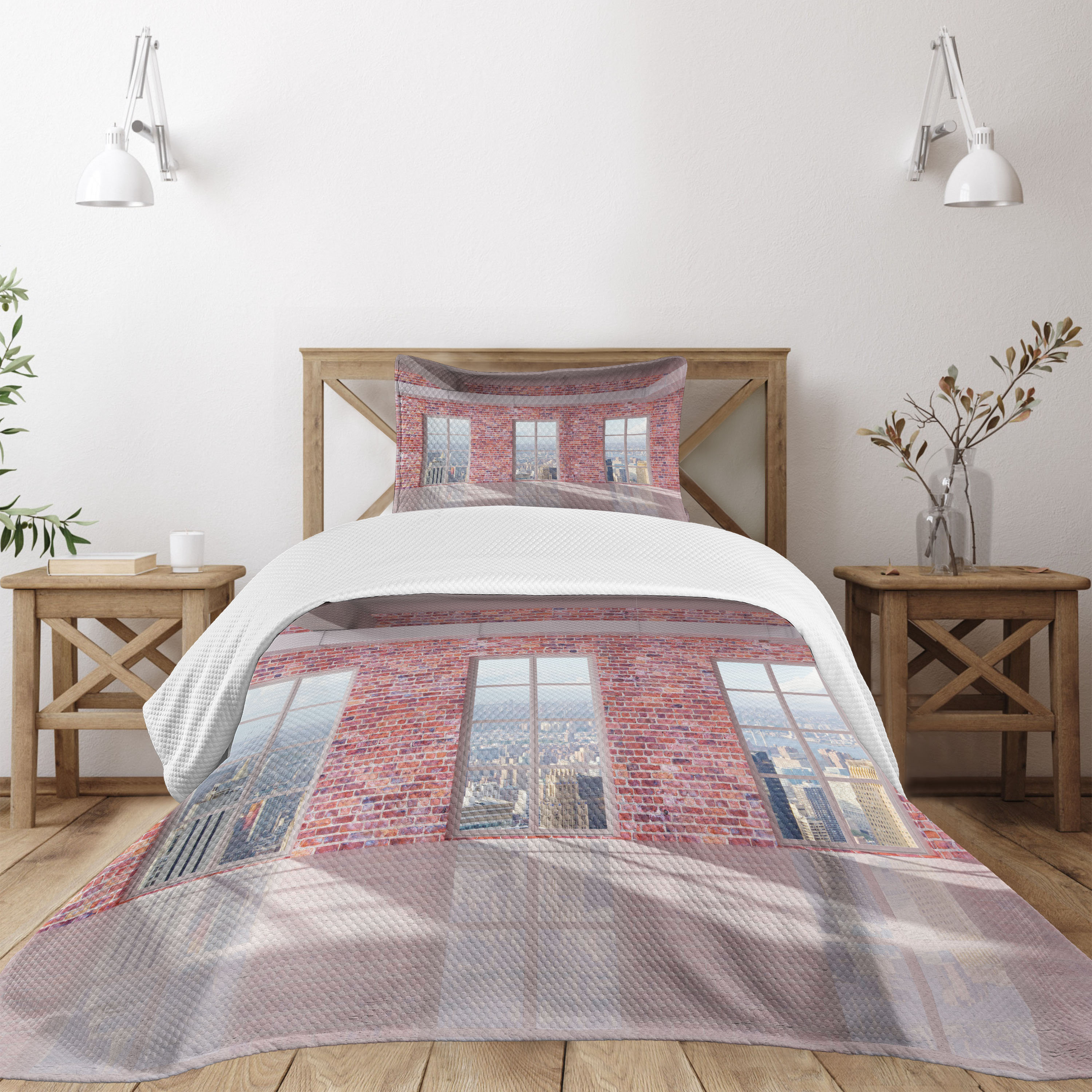 Ambesonne Urban Bedspread Set Red Brick Wall Loft City Multicolor | Wayfair