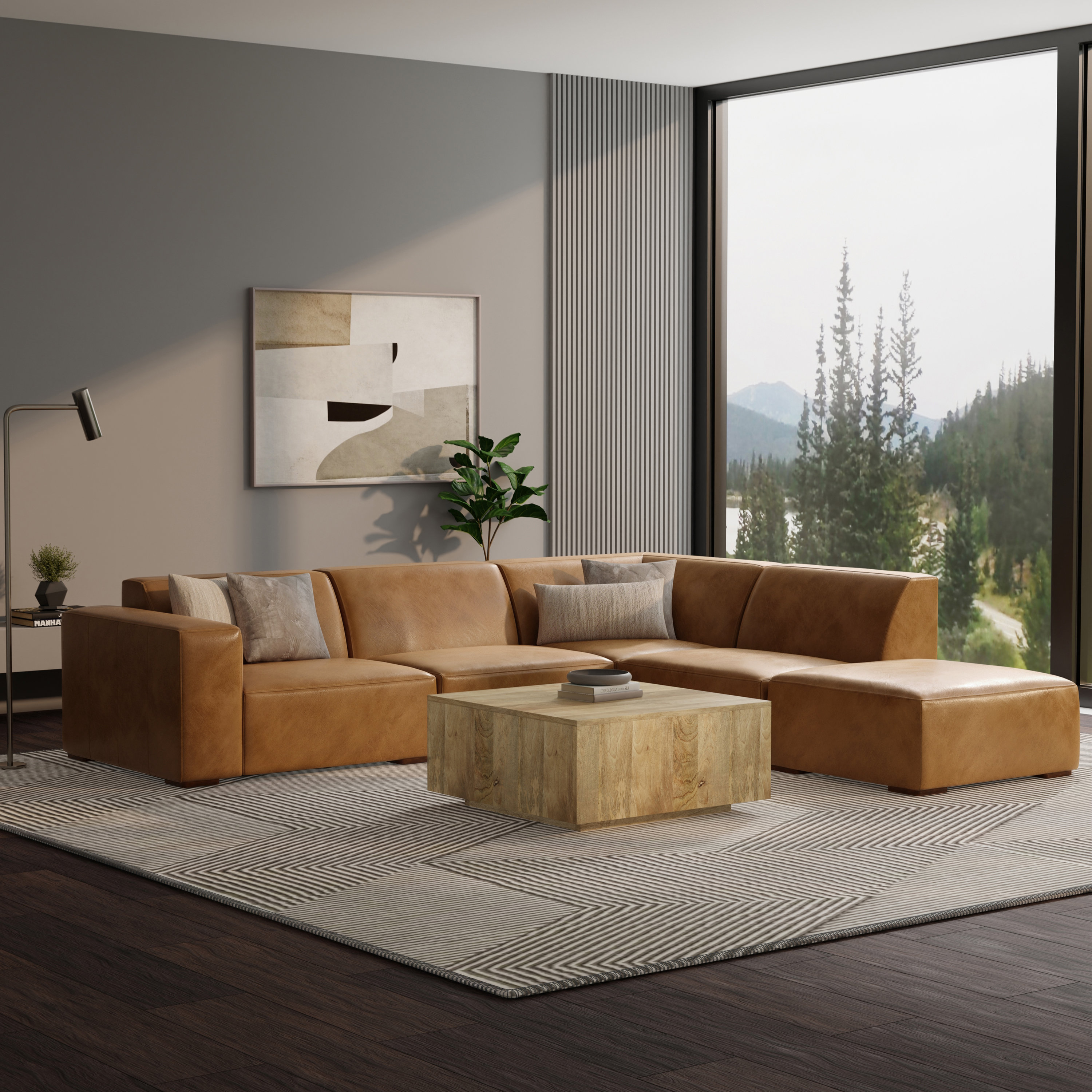 Simpli Home Rex Sectional Modular Sofa and Ottoman Set 116-inch-wide L ...