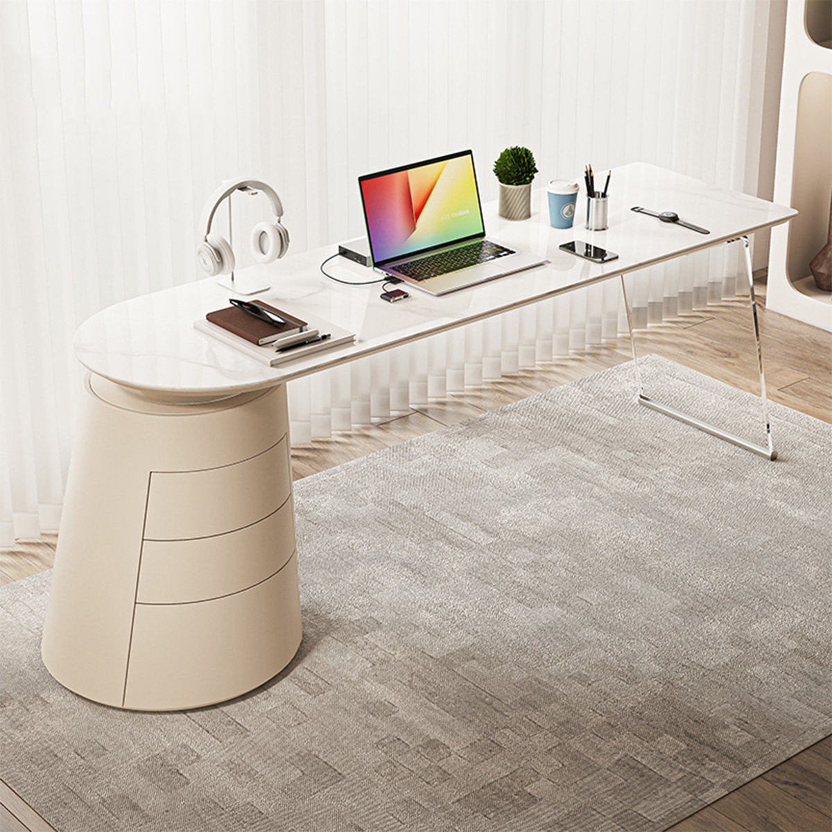 Rite Treasure White Semicircle Solid Wood + Sintered Stone desks | Wayfair