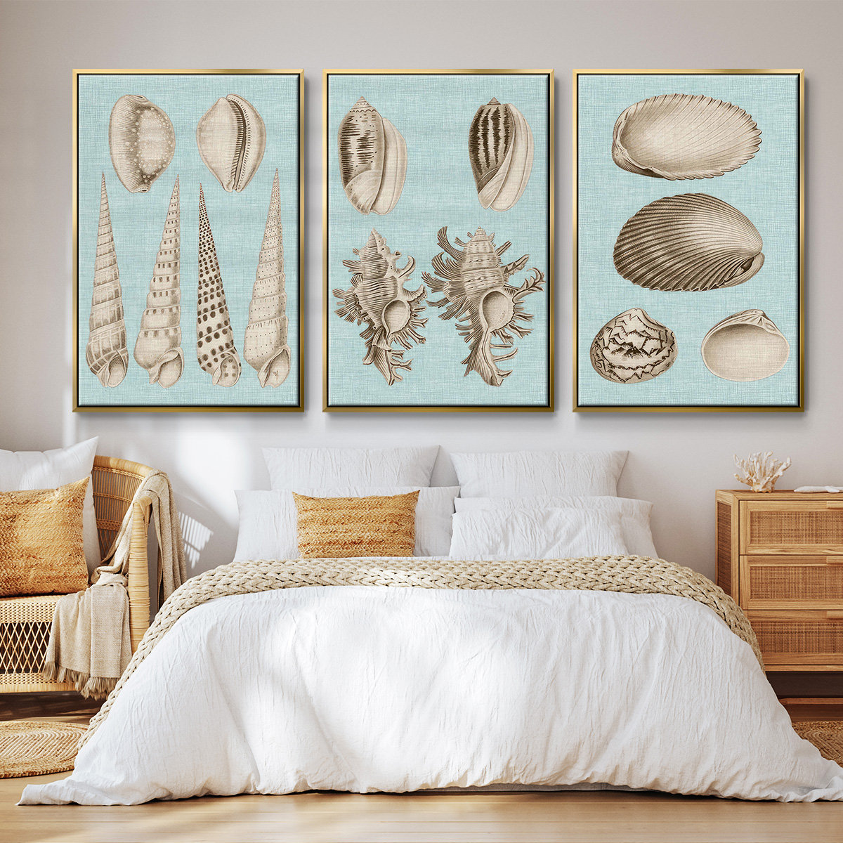 Wexford Home Sepia And Aqua Shells IV Framed On Canvas 3 Pieces Set ...