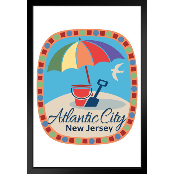 Trinx Atlantic City Retro Travel Sticker Art Print Black Wood Framed ...