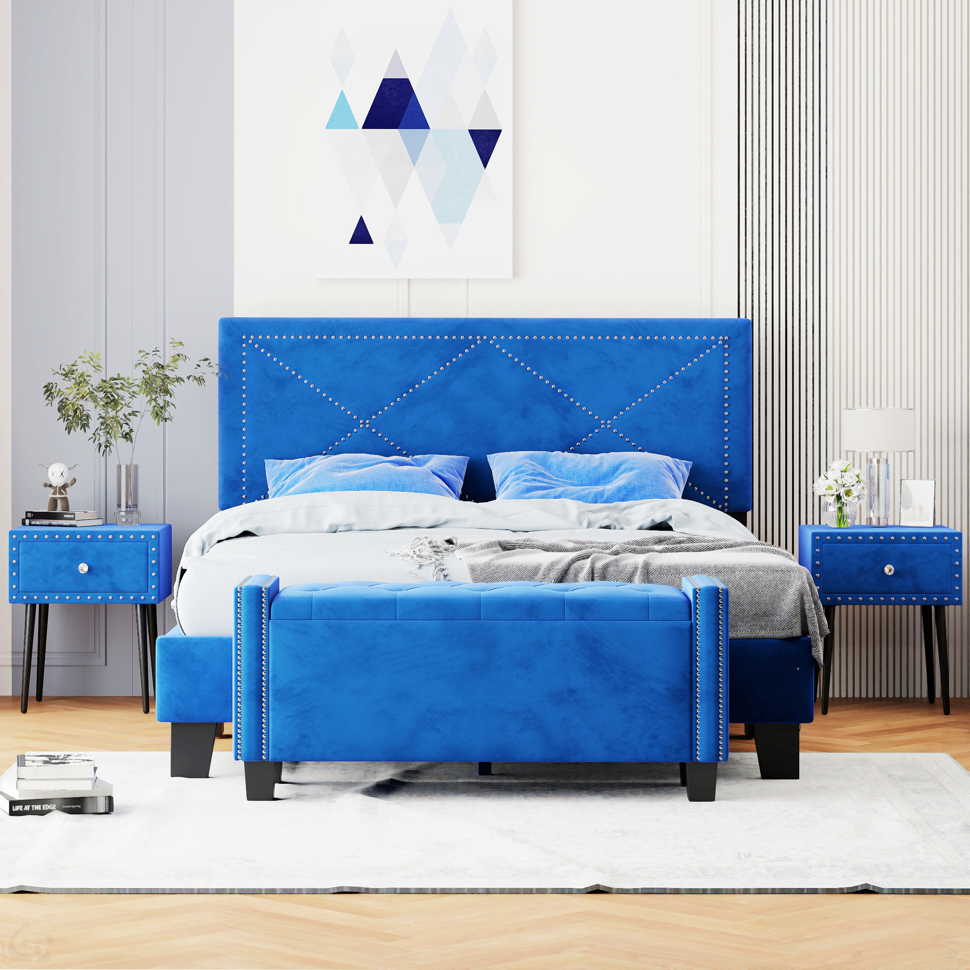 Everly Quinn 4-Pieces Bedroom Sets Queen Size Upholstered Bed Frame ...