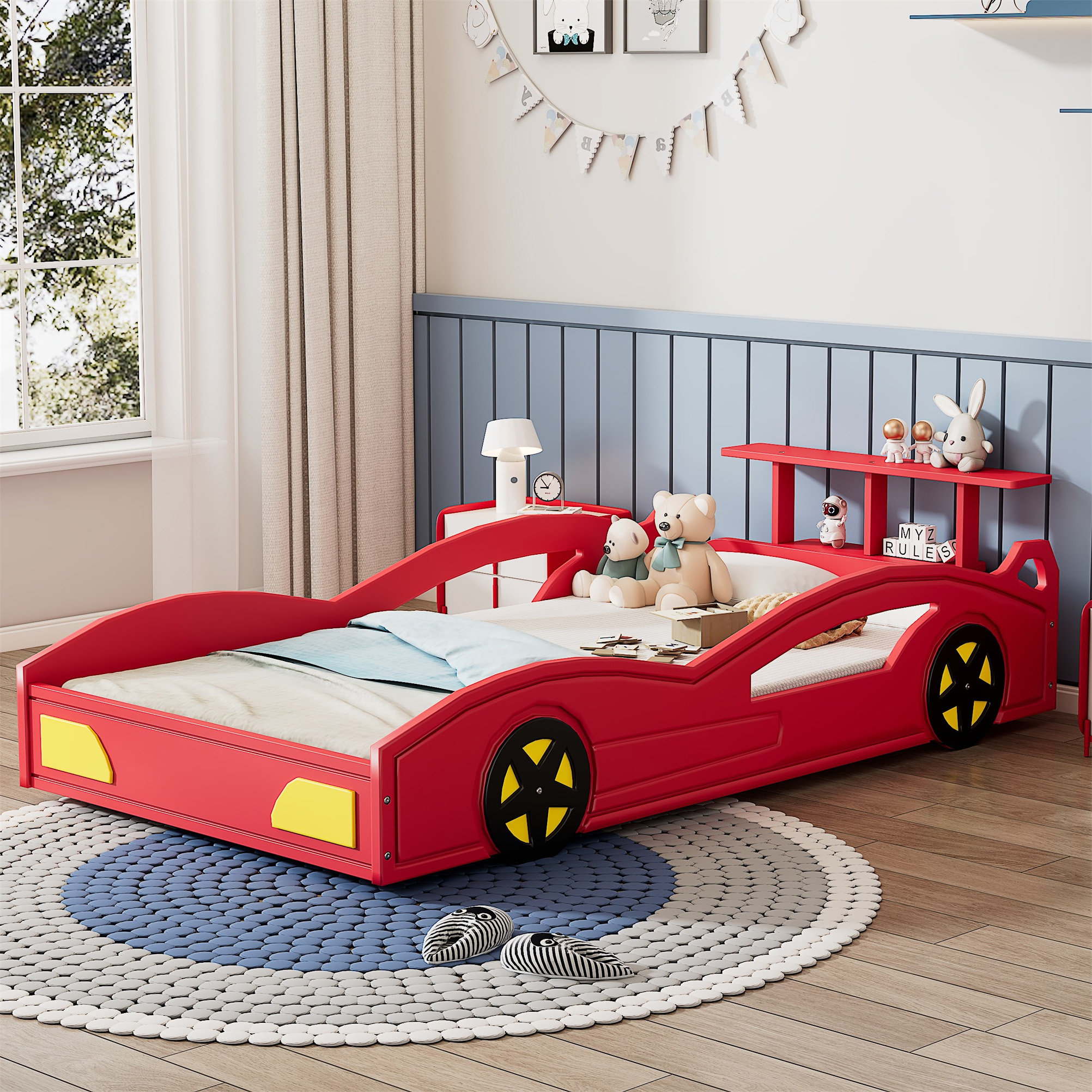 Zoomie Kids Wooden Race Car Twin Bed, Modern Platform Bed for Teens ...