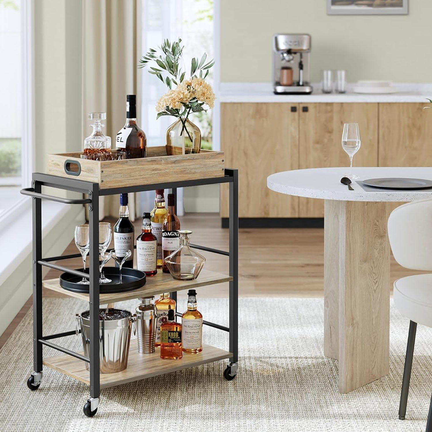 Latitude Run® Wine Rack And Glass Holders, Rolling Wine Cart For ...