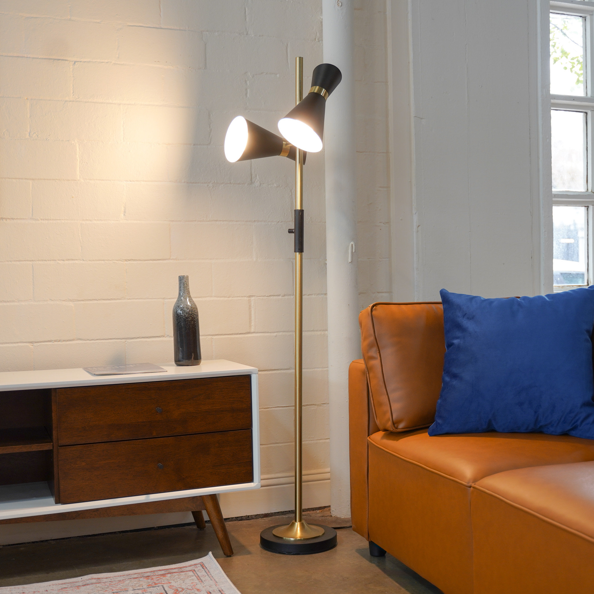 George Oliver Greeta Brassed Gold Floor Lamp with 4-Way Switch Double ...