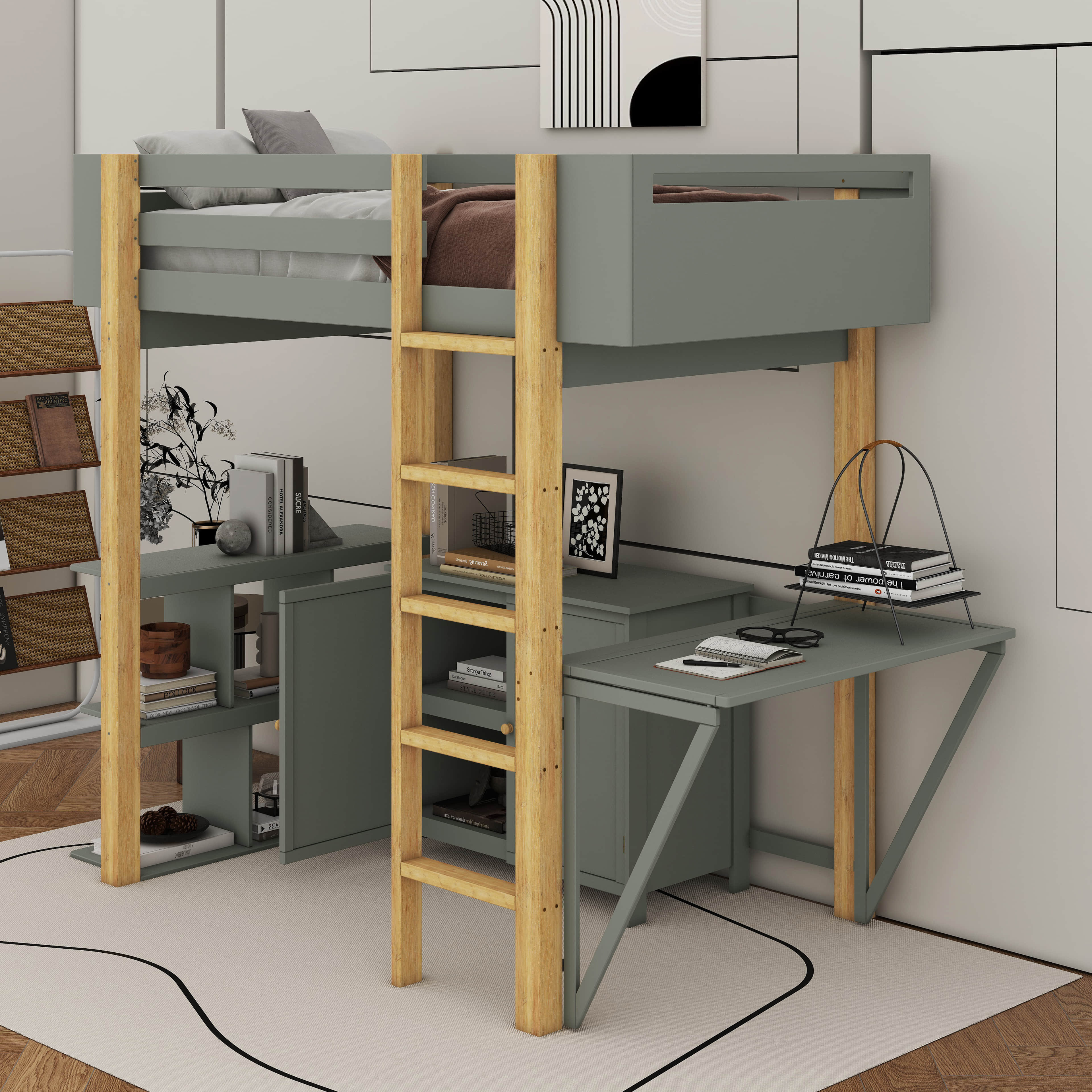 Isabelle & Max™ Wood Loft Bed With Built-In Cabinet And Foldable Desk ...