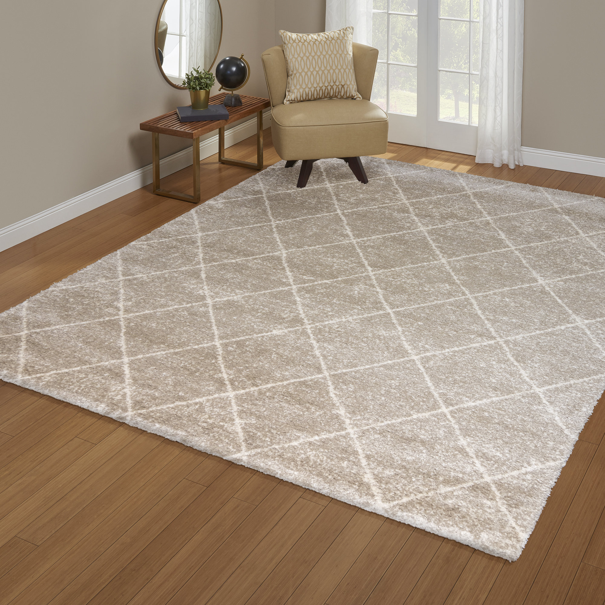 Gertmenian Chaise Kenai Diamond Lattice Beige/Ivory Plush Shag Area Rug ...