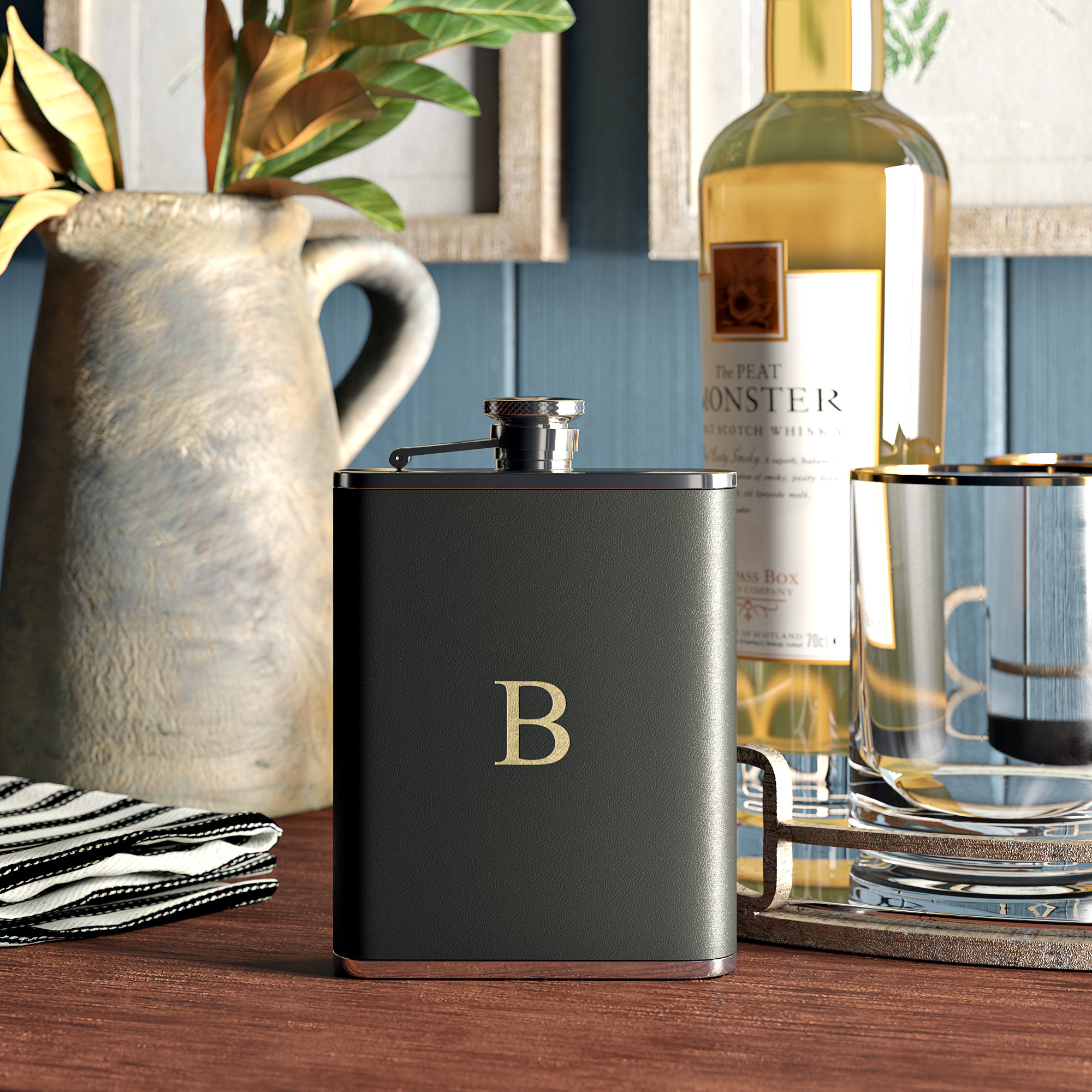 Darby Home Co Makayla Monogrammed Black Leather Flask | Wayfair