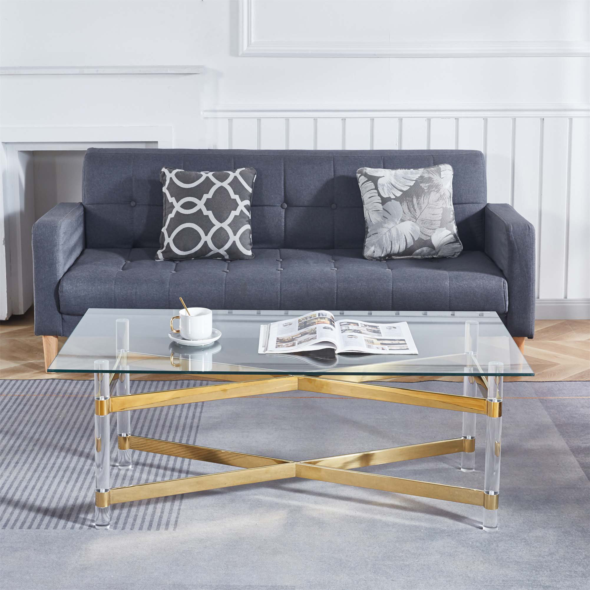 Ivy Bronx Silver Stainless Steel Coffee Table With Frame and Clear Top ...