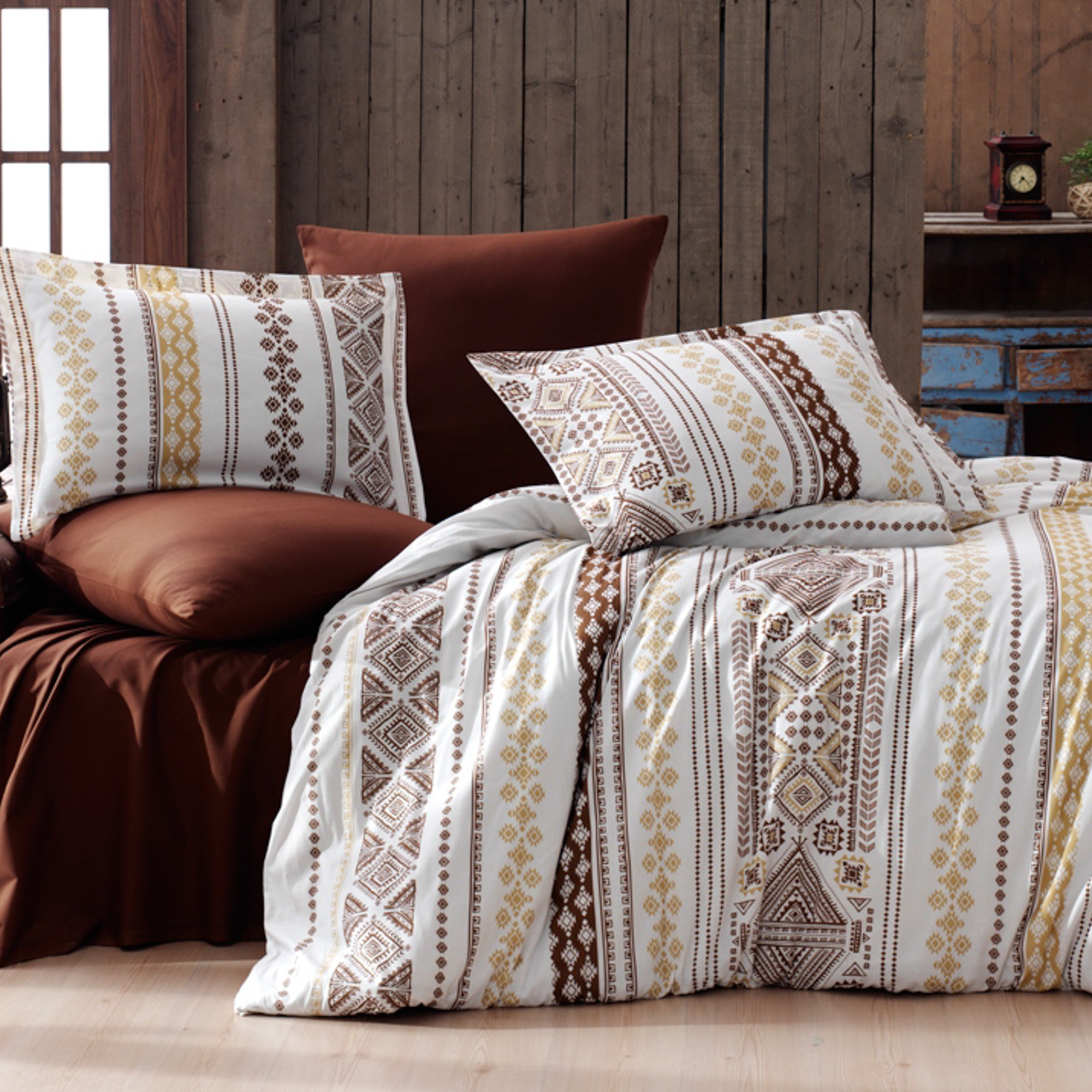 Asir Group INC Bodin White/Brown/Yellow 100% Cotton Duvet Cover Set ...