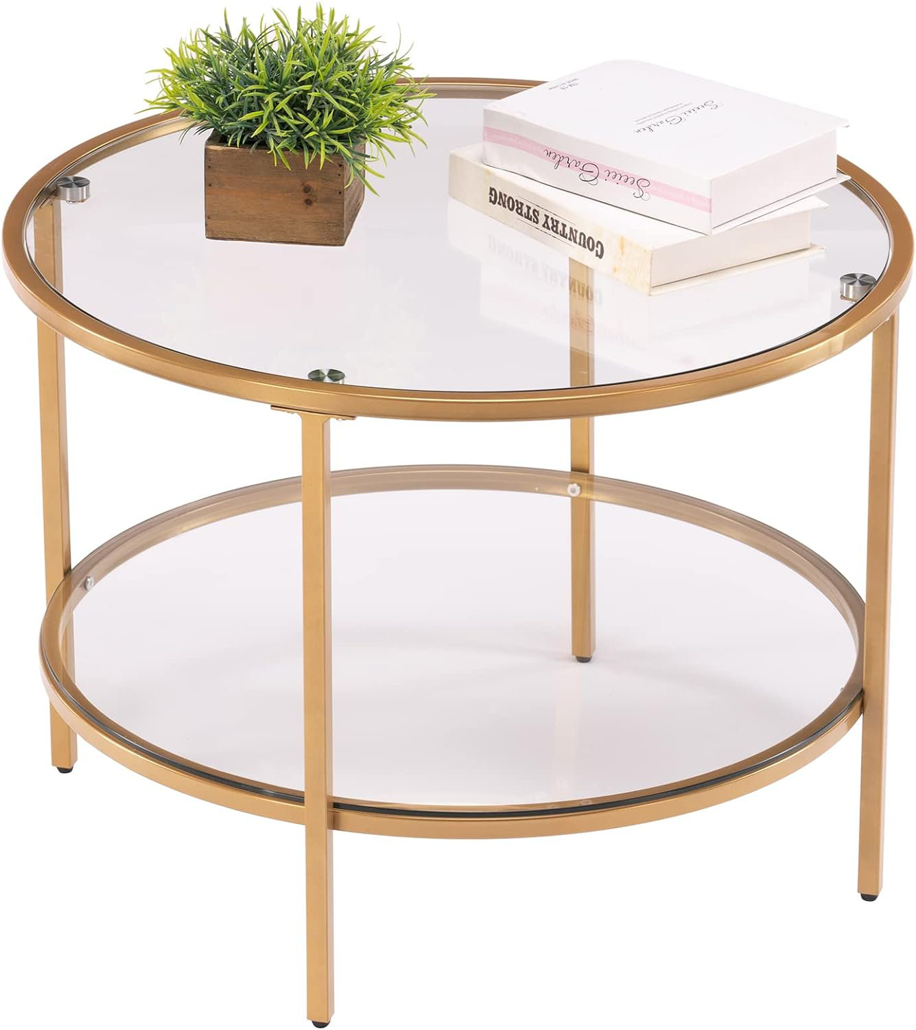 Mercer41 25.6" Round Gold Coffee Tables For Living Room, 2-Tier Glass ...