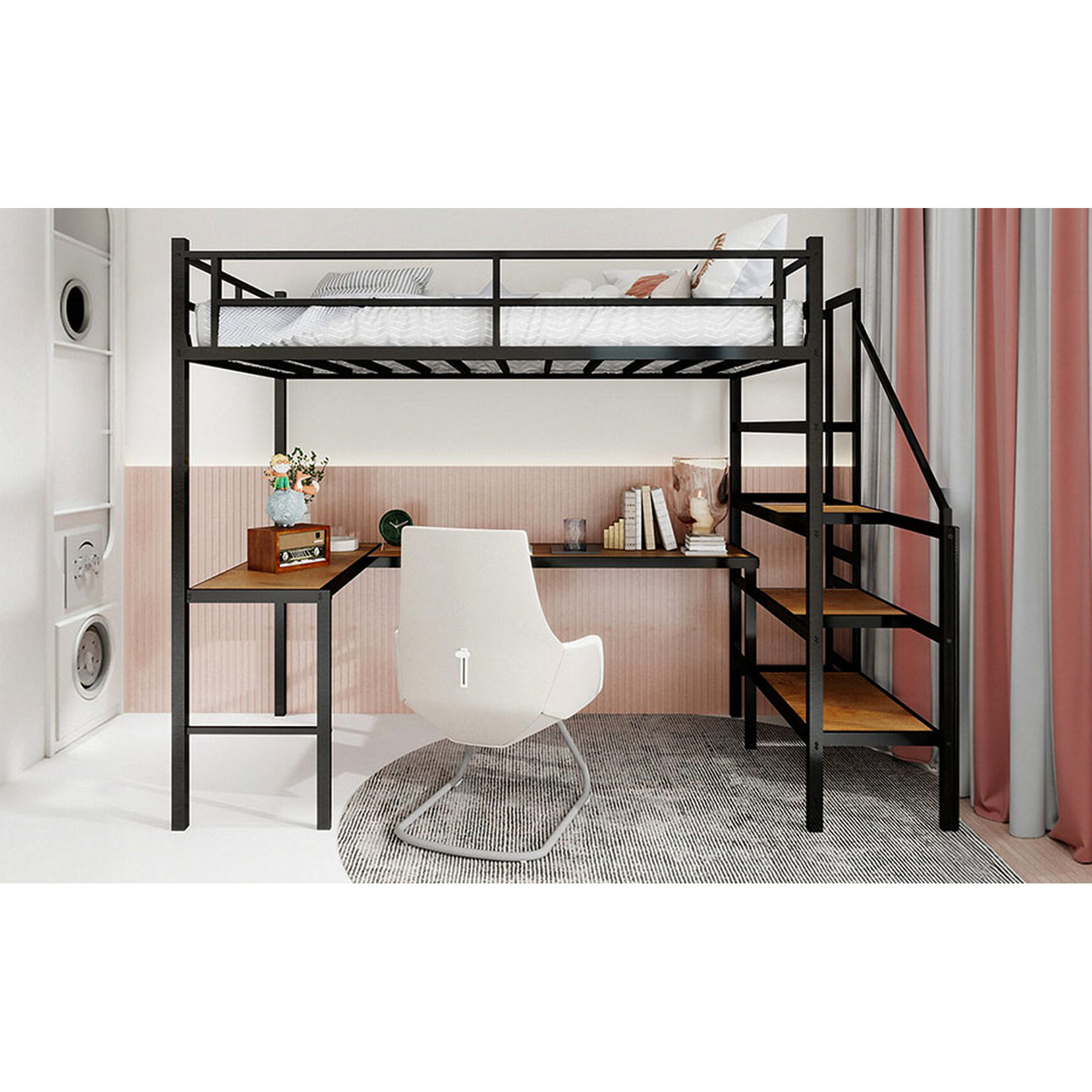 Latitude Run® Twin Size Black Iron Loft Bed With 360° Guardrail ...
