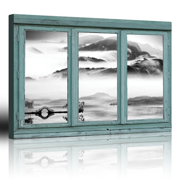 IDEA4WALL " Vintage Teal Window Looking Out Into A Black And White Lake ...