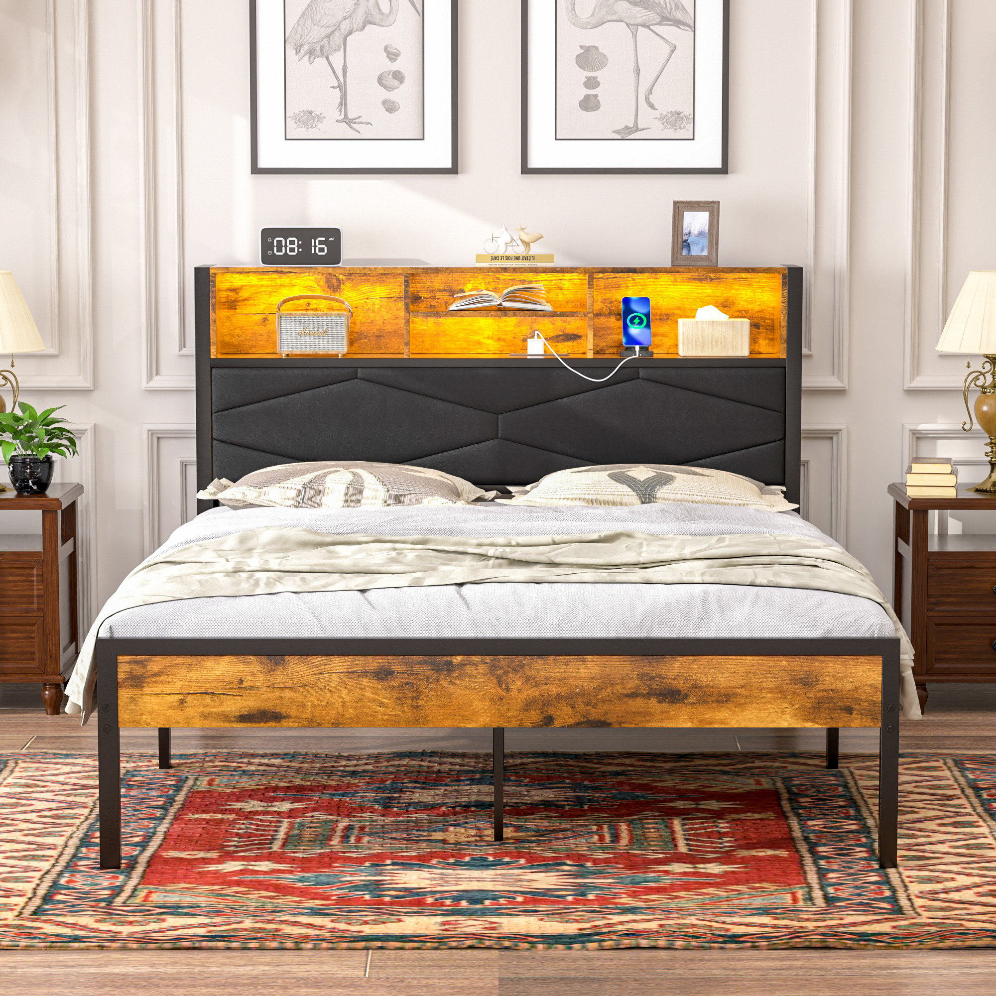 Wrought Studio™ LED Light Bed Frame With Upholstered Bookshelf ...