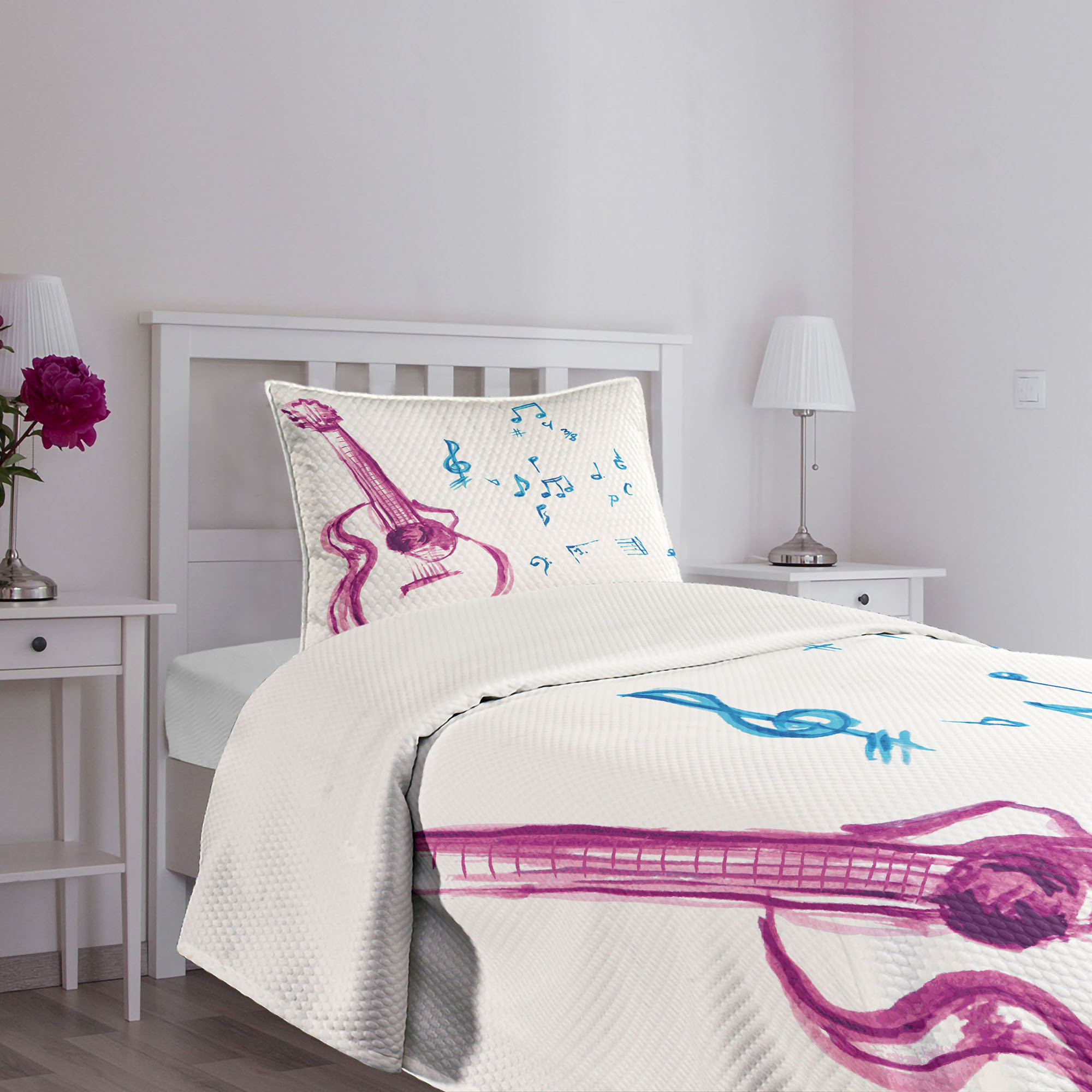 Ambesonne Ambensonne Guitar Bedspread Watercolor Music MaMagenta Blue ...