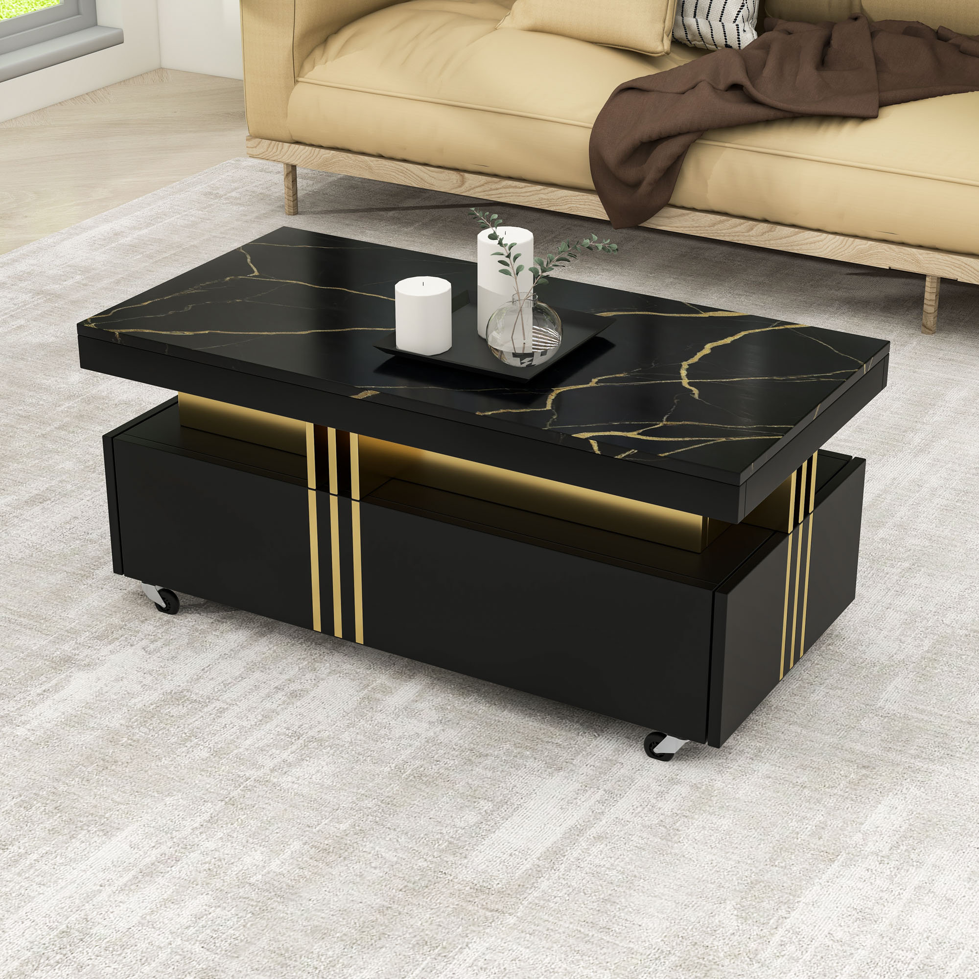 Latitude Run® Coffee Table with 2 Spacious Drawers and Locking Wheels ...