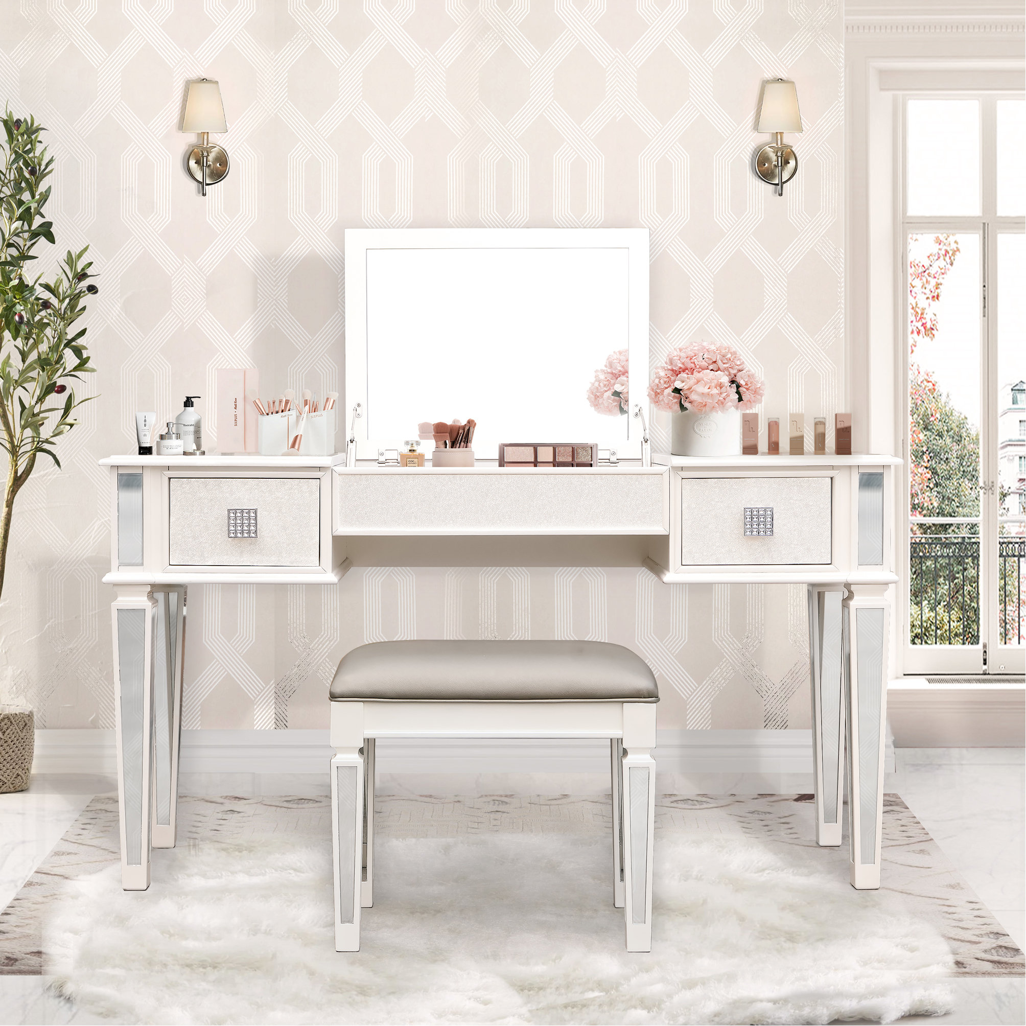 Alcott Hill® Mirrored Vanities Desk With Drawers, Bedroom Makeup Vanity ...