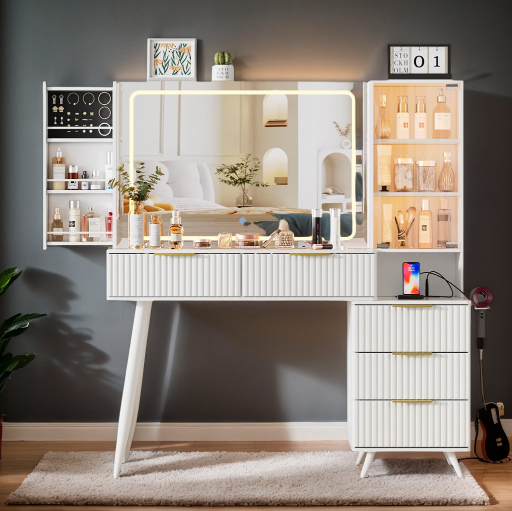 Brayden Studio Vanity Desk with LED Mirror, Glass Top & Drawers, Women ...