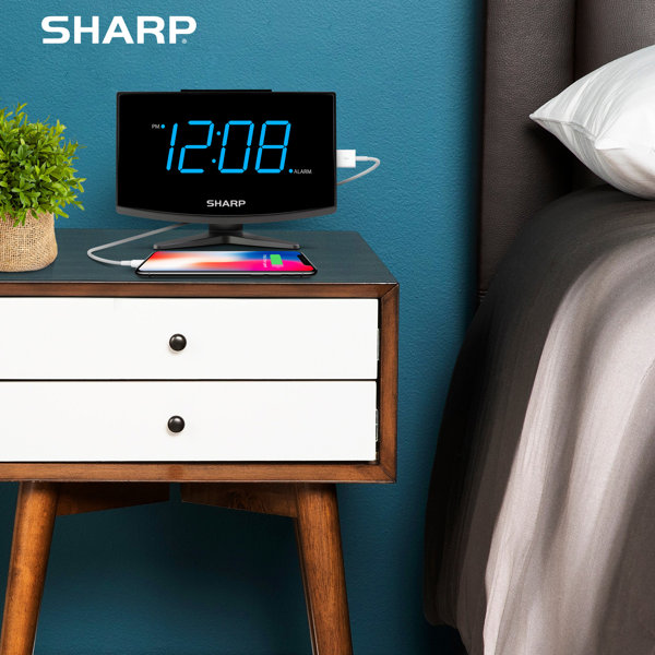 Sharp Digital Alarm Clock, Large Display, FastCharge 2 Amp USB, Blue ...