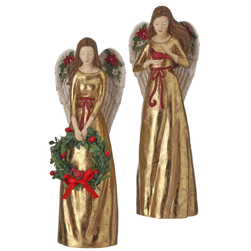Astoria Grand 11.5" Resin Angel With Cardinal And Wreath Set of 2 | Wayfair