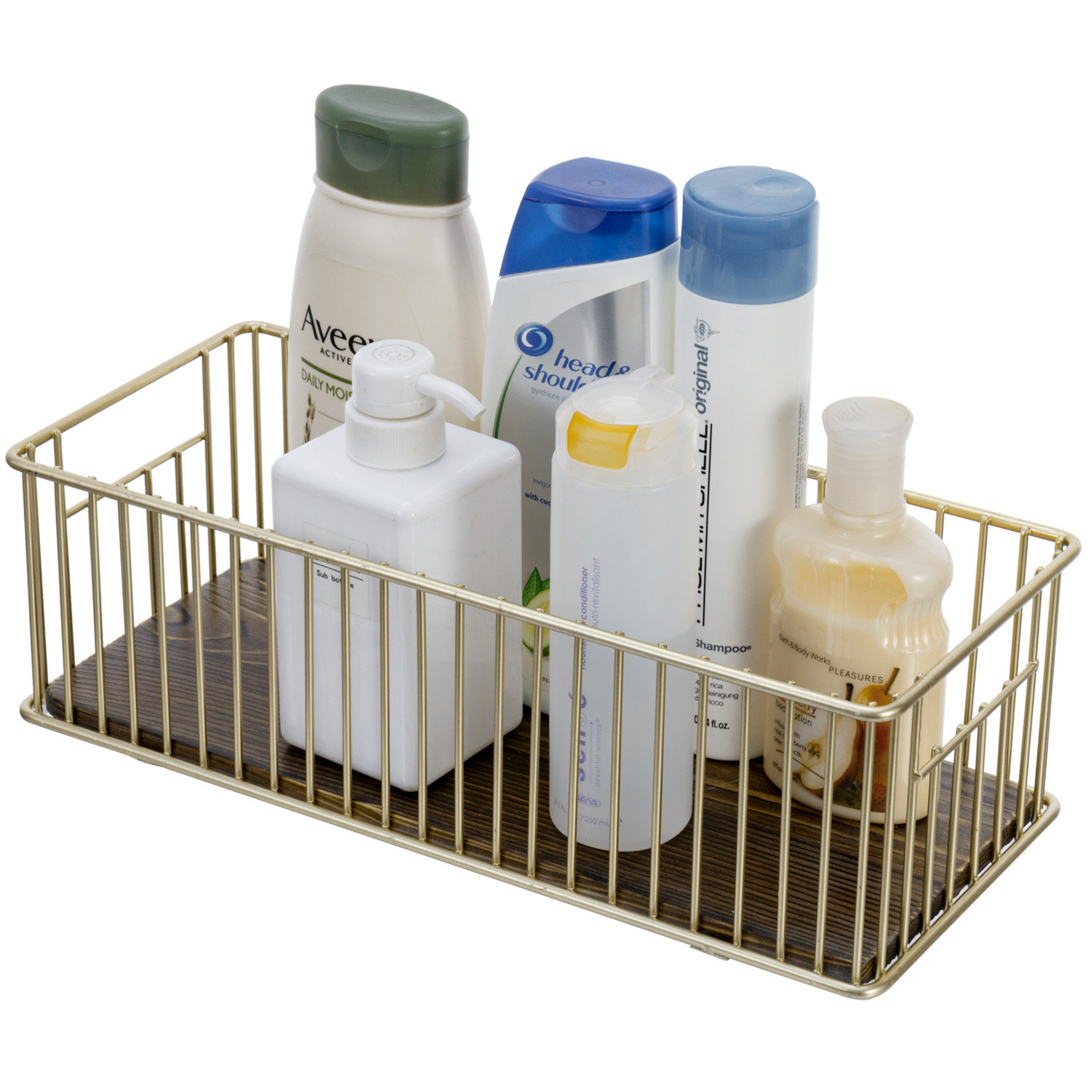 Mercer41 Thesha Brass Bathroom Tray Basket with Wood Base | Wayfair