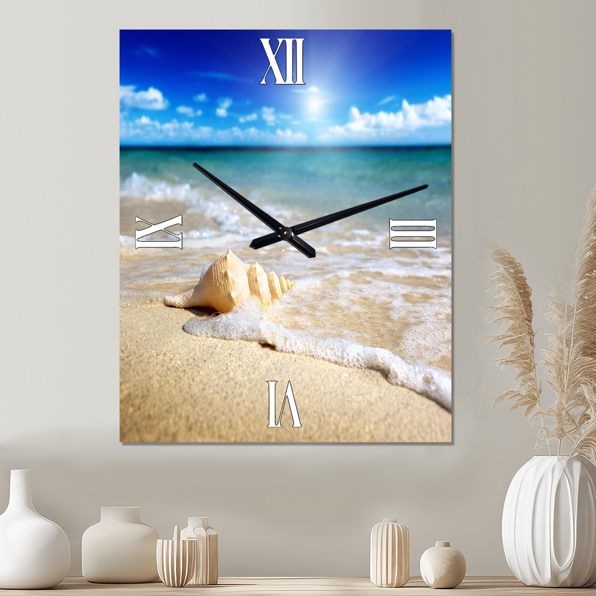 East Urban Home Large Seashell In The Sand II - Beach Metal Wall Clock ...
