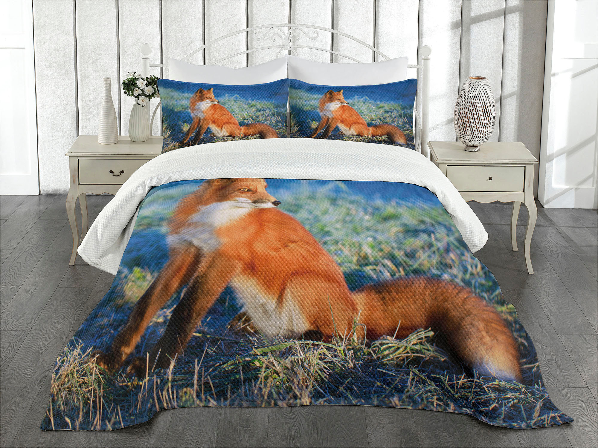 Ambesonne Fox Bedspread Set Serene Cold Autumn Field Blue White Orange ...