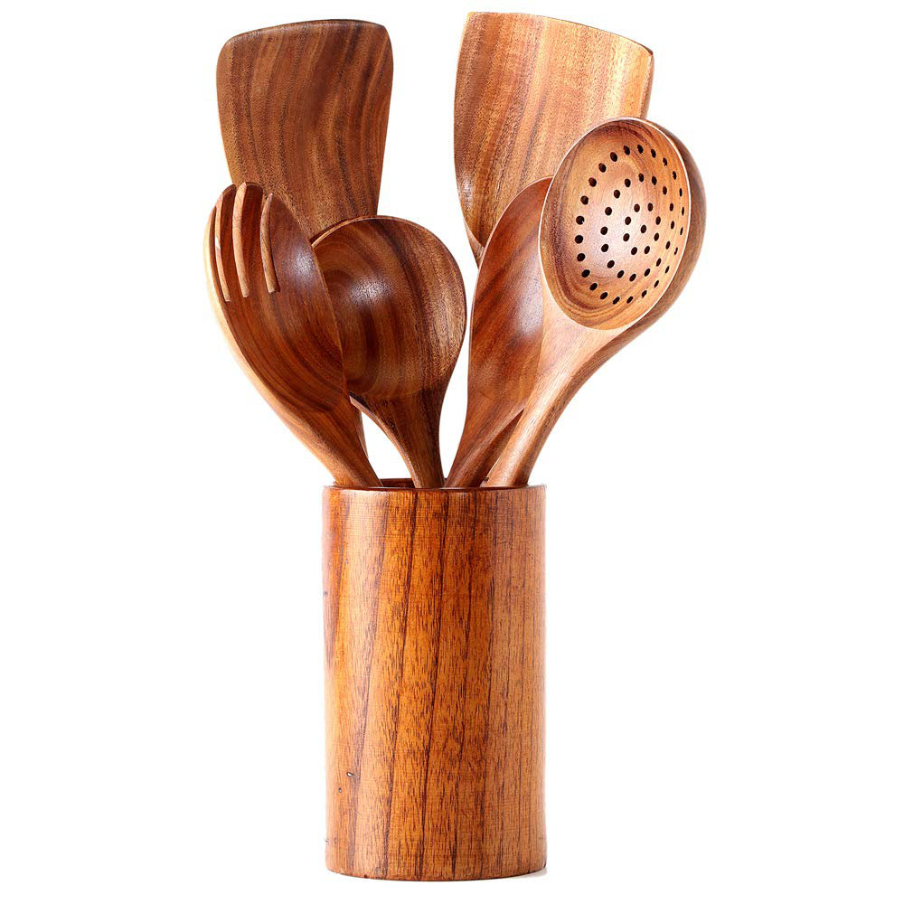 COAHAHA 7-Piece Teak Wood Cooking Utensil Set With Holder - Handmade ...