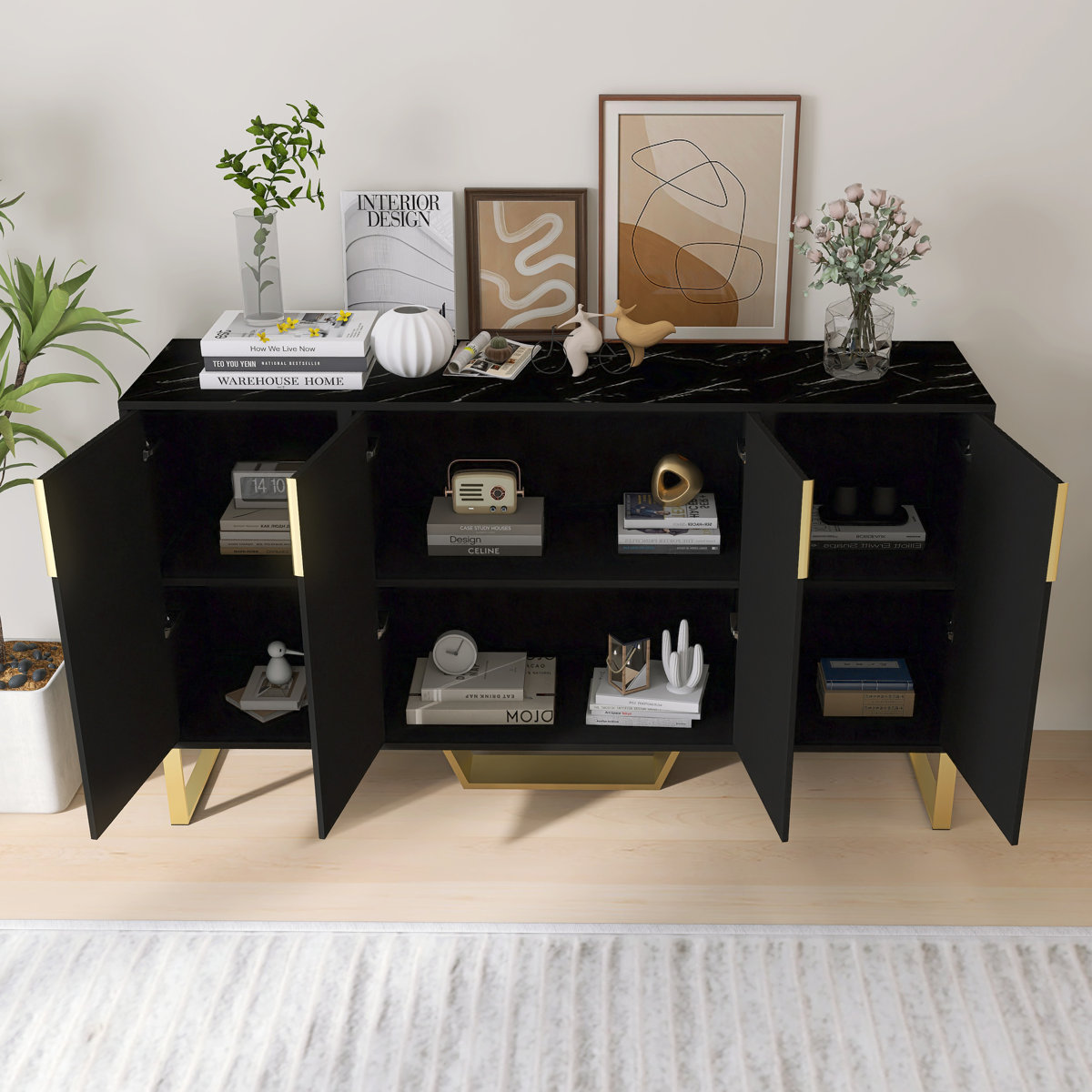 Mercer41 Rish Modern Sideboard With Four Doors, Metal Handles, Legs And ...