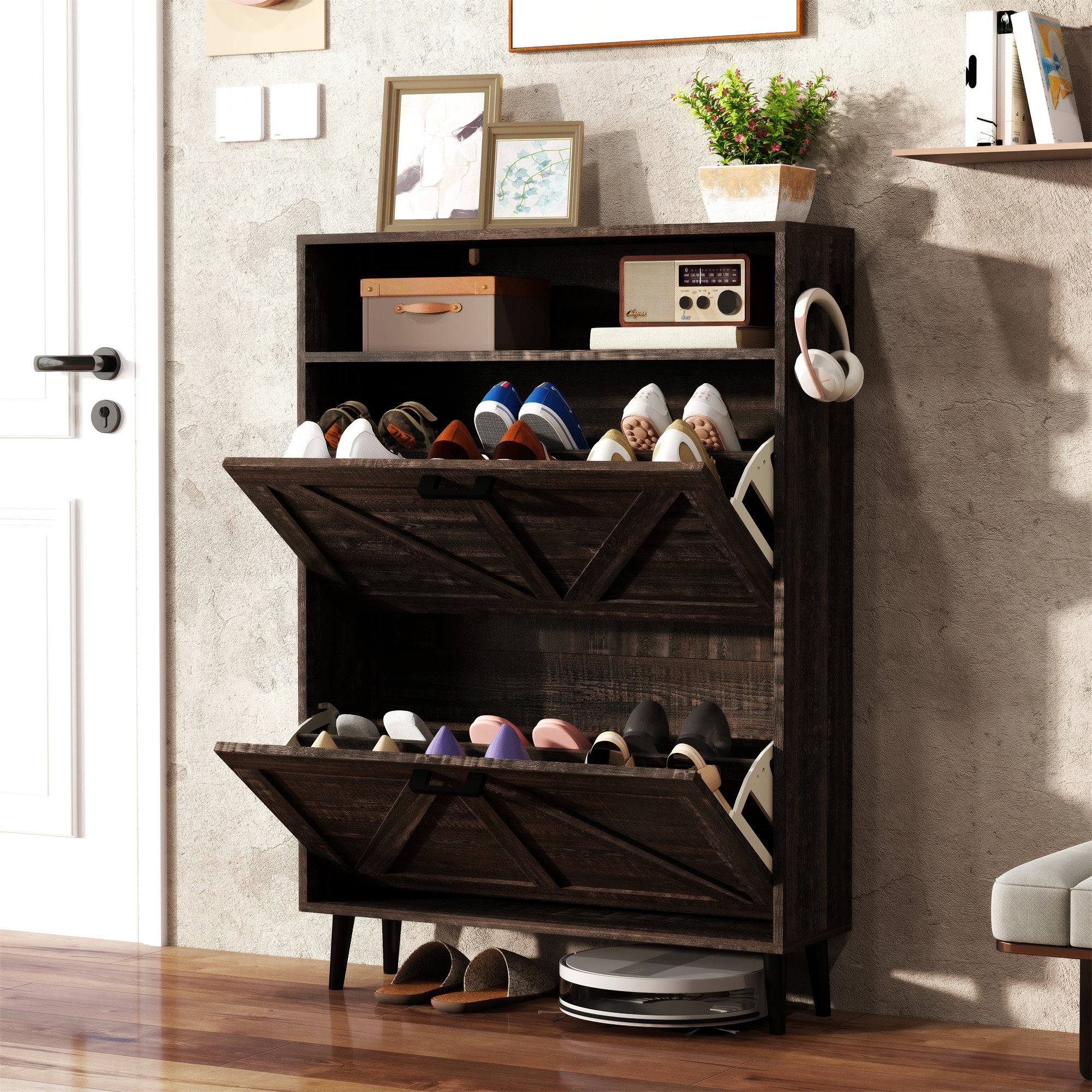 Ophelia & Co. Farmhouse Shoe Storage Cabinet With Barn Door Design ...