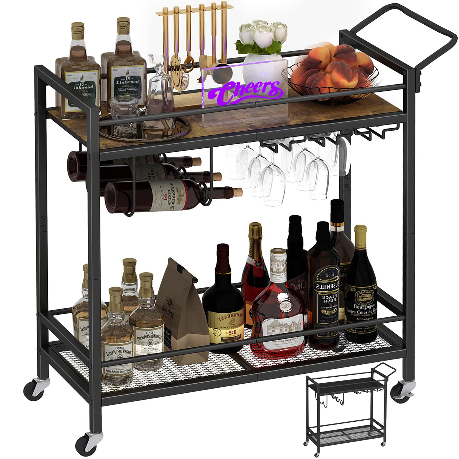 17 Stories Bar Cart With Two-Colour Top Shelf With Wine Rack And Glass ...