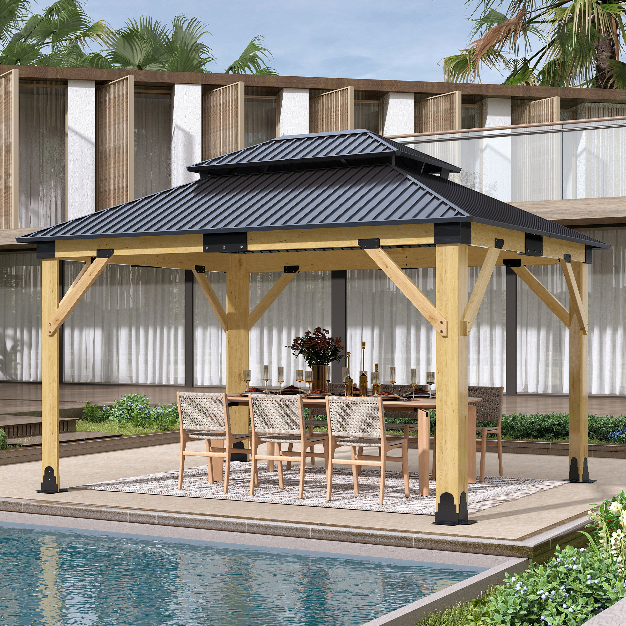 Gartoo Outdoor Solid Wood Gazebo - Patio Galvanized Steel Hardtop ...