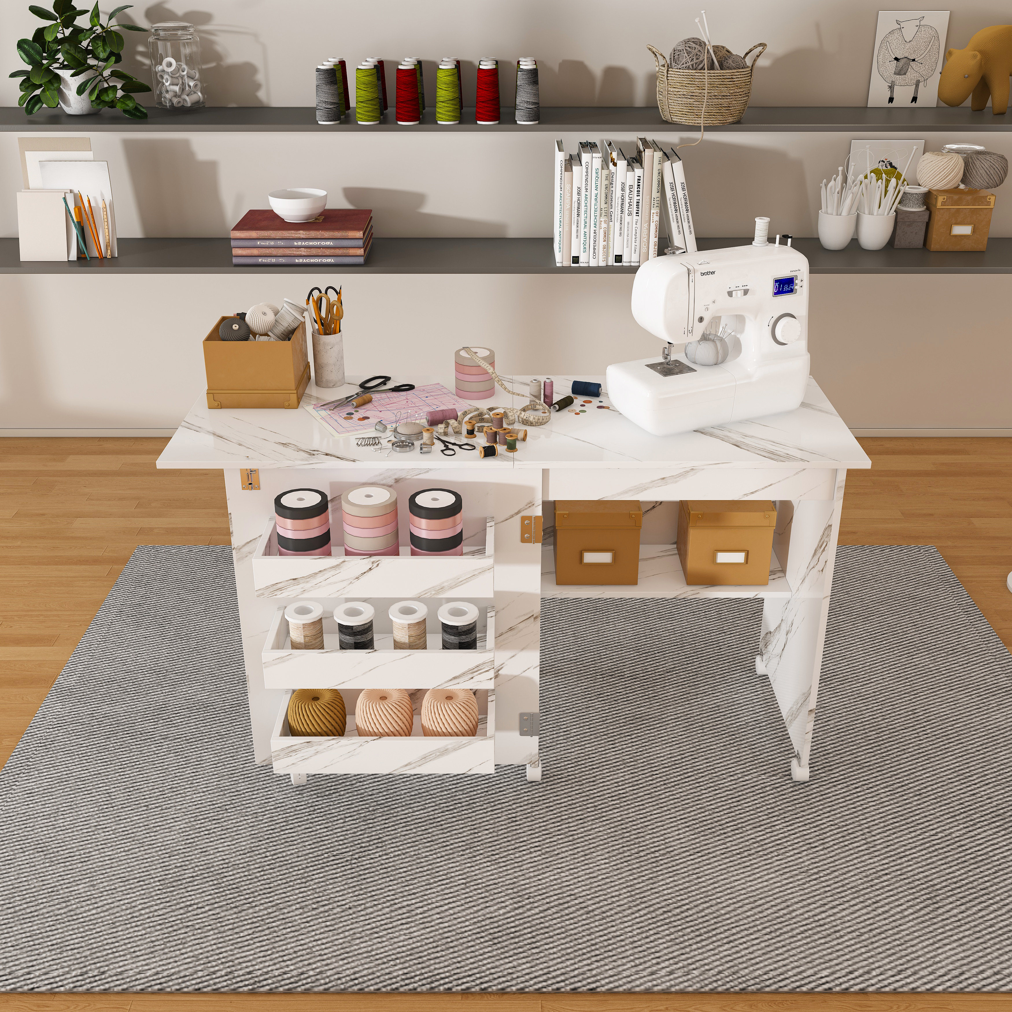 Ivy Bronx 4 in 1 Folding Sewing Table on Wheels, Craft Station with ...