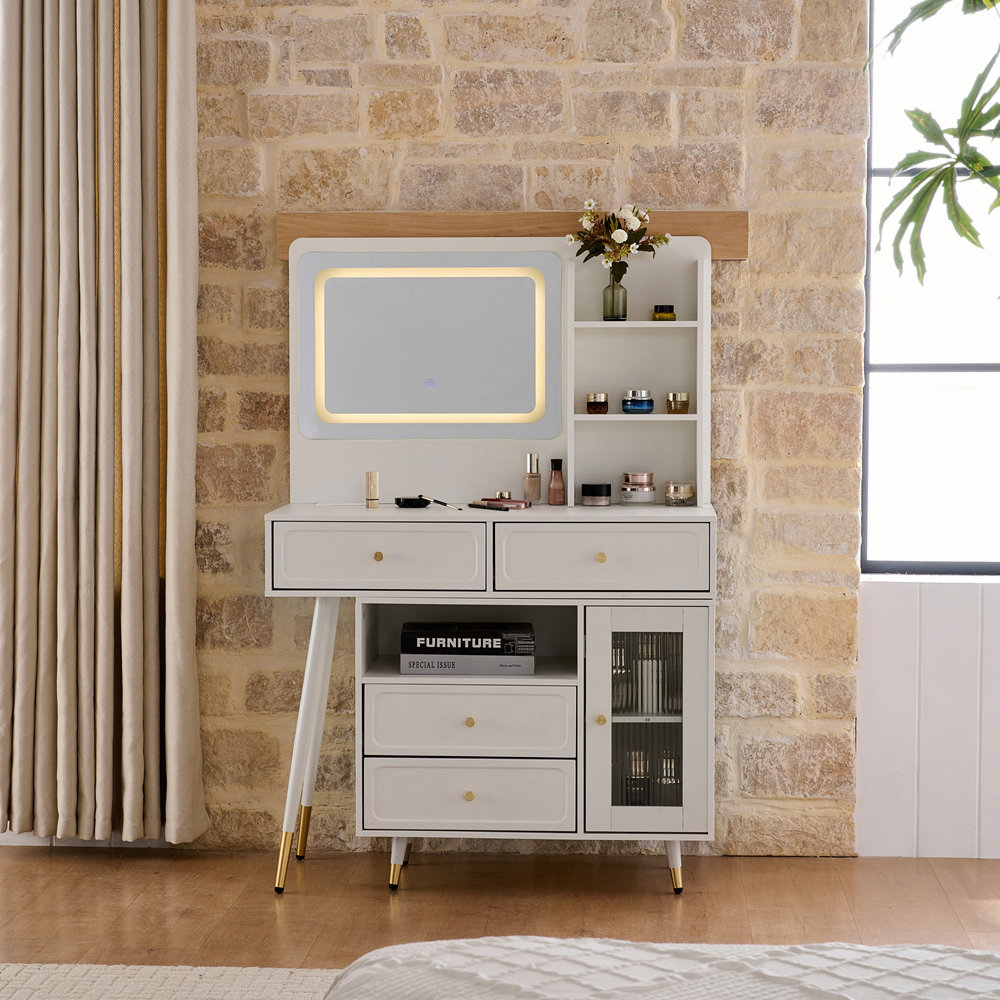 Brayden Studio Modern Makeup Vanity Desk with Adjustable Cabinet, LED ...