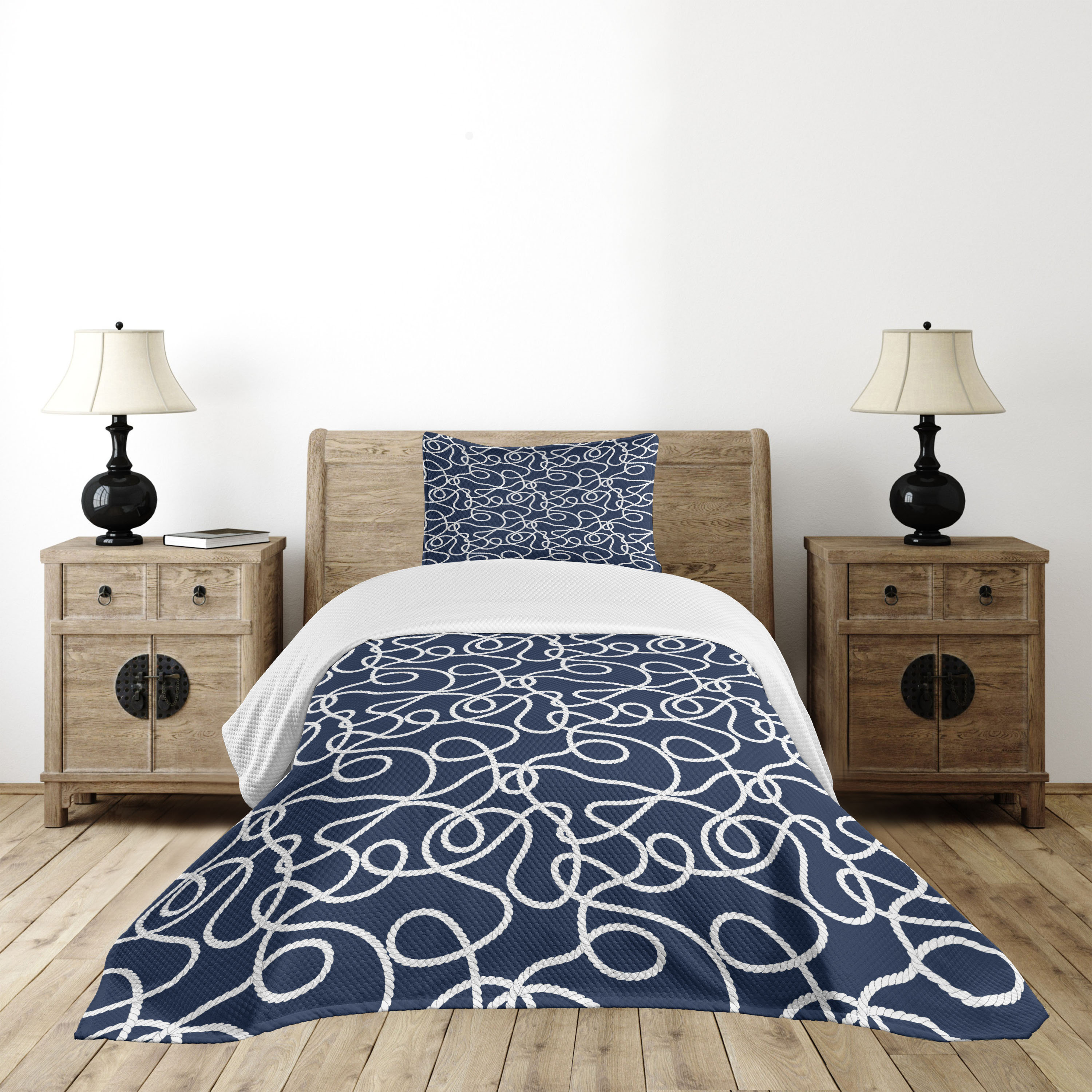 Ambesonne Navy Bedspread Set Tangled Ocean Marine Theme Navy Blue and ...