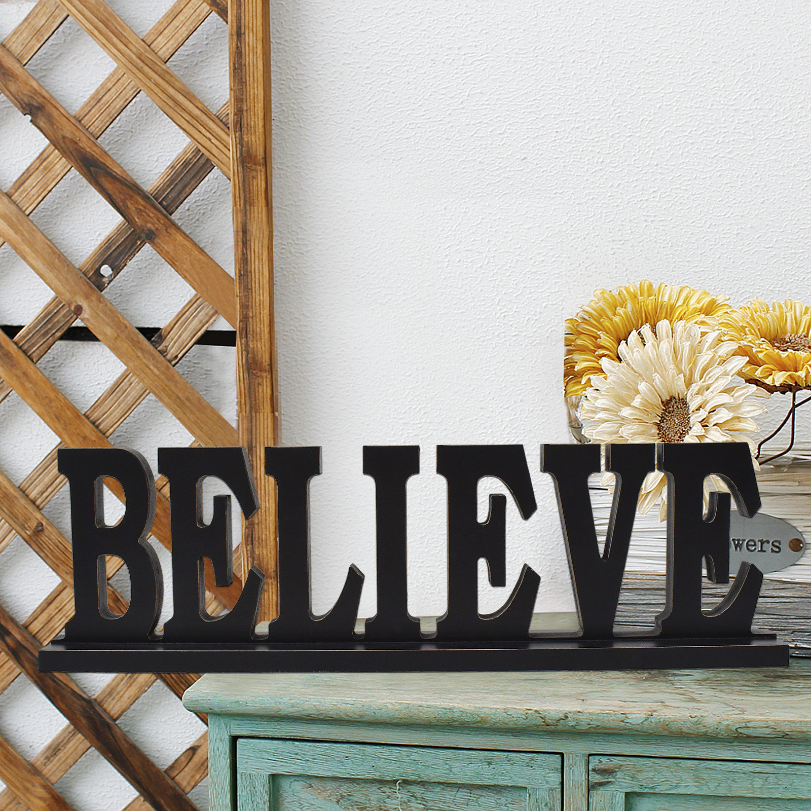 Latitude Run® Rustic Wood Believe Letter Sign Free Standing Believe ...