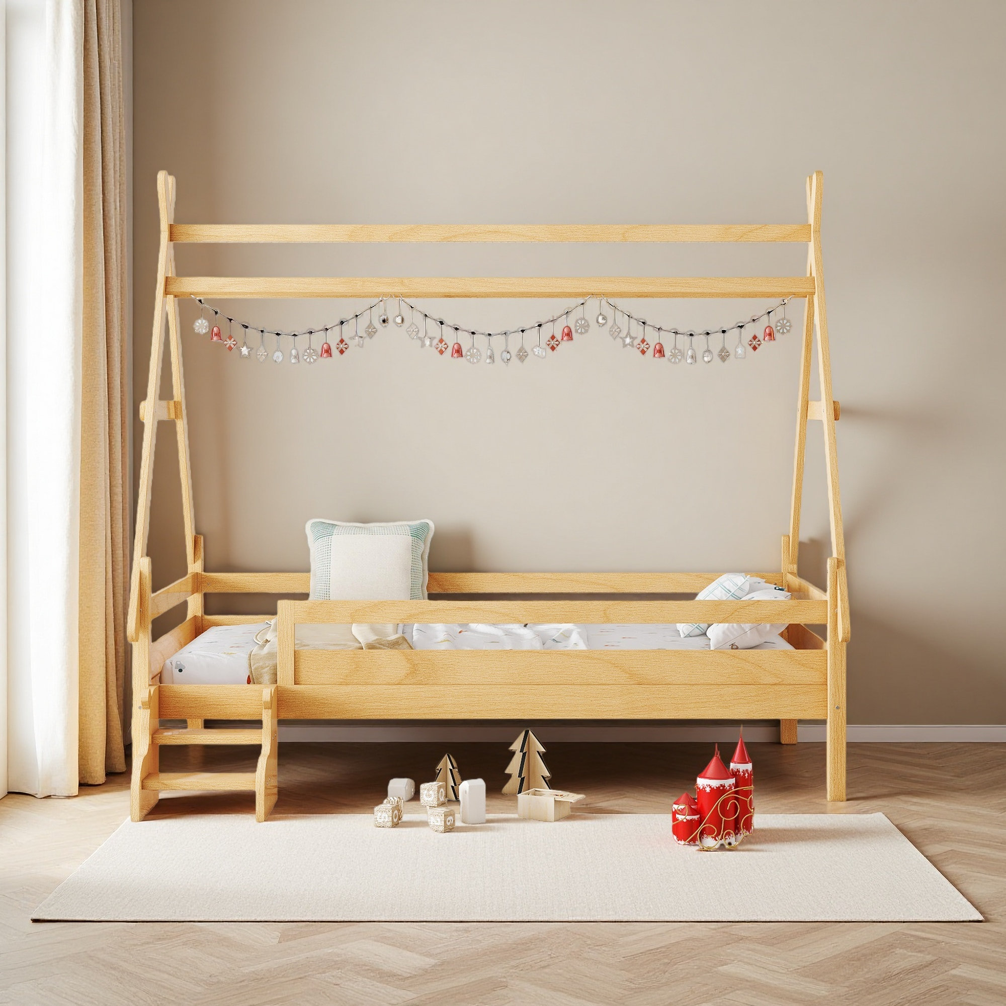 Harriet Bee House Platform Bed With Stairs, Solid Wood Bed Frame, Low ...