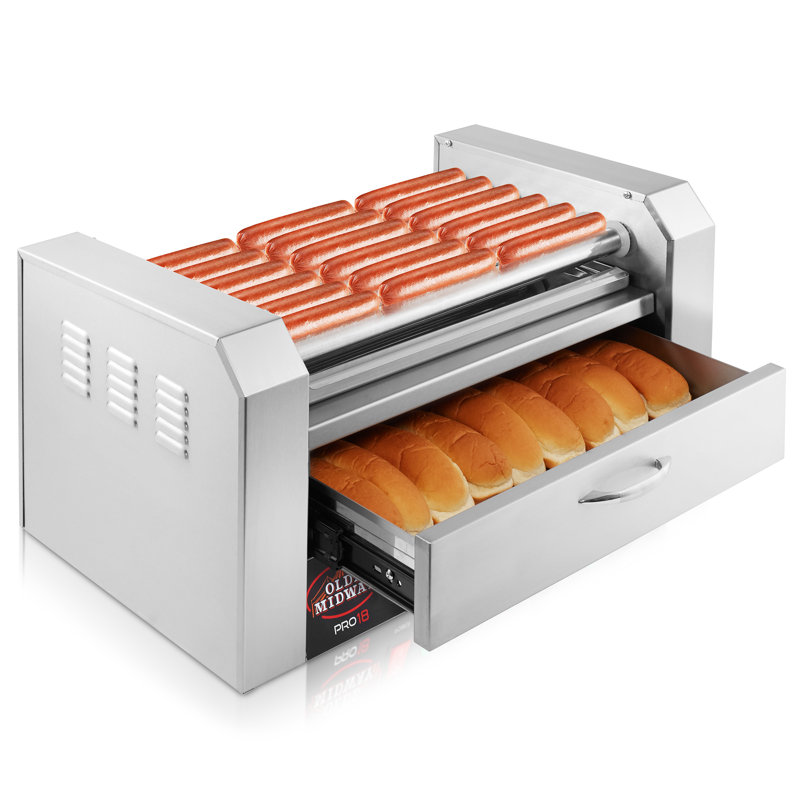 Olde Midway Electric 18 Hot Dog, 7 Roller Grill Cooker with Bun Warmer ...