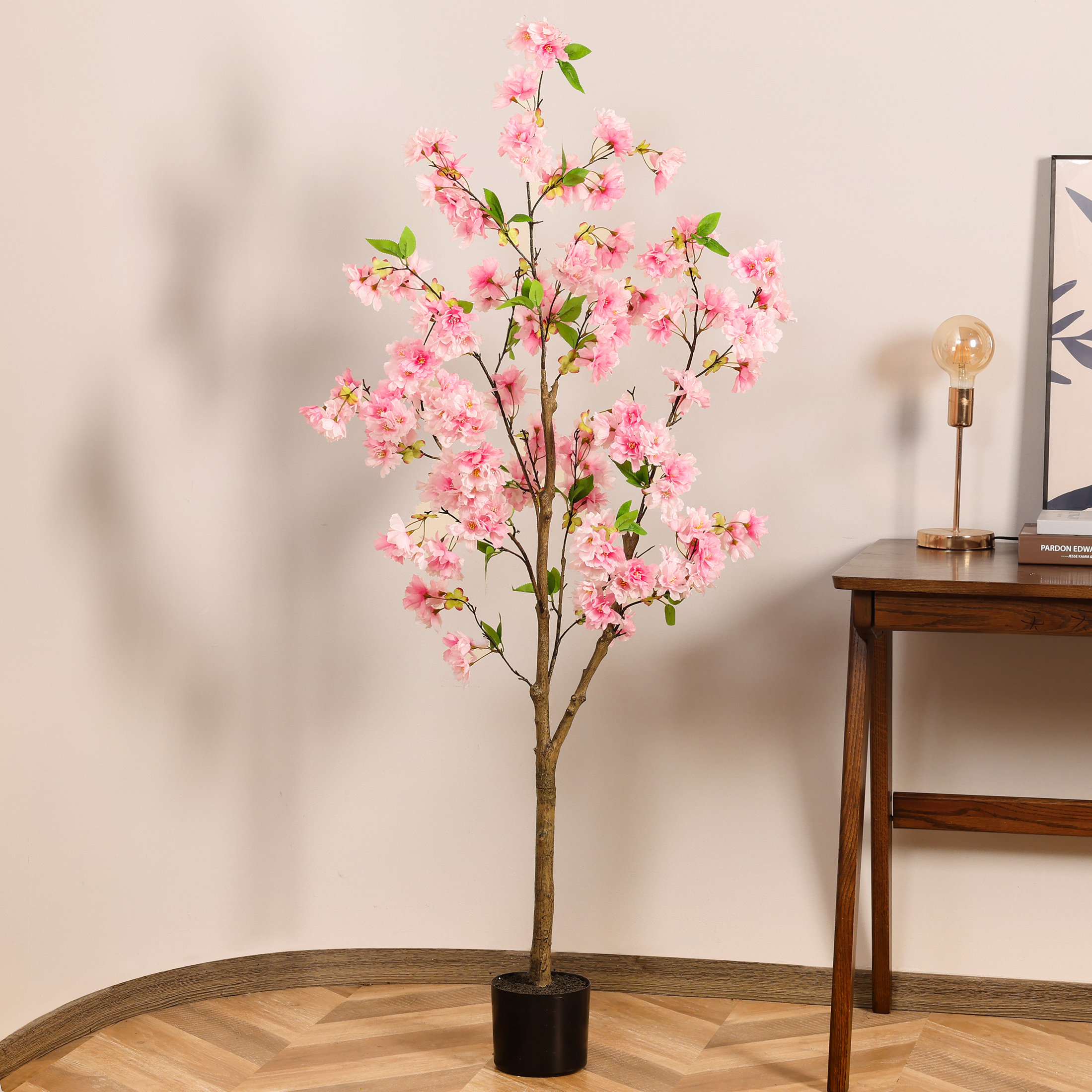 Primrue Artificial Pink Cherry Blossom Tree in Black Pot, Faux Wishing ...