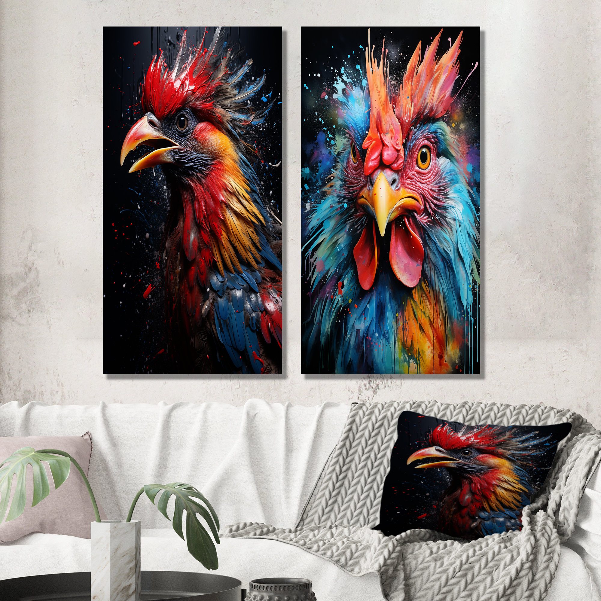 August Grove® Blue Red Rooster Chorus Portrait I - Rooster Wall Art ...