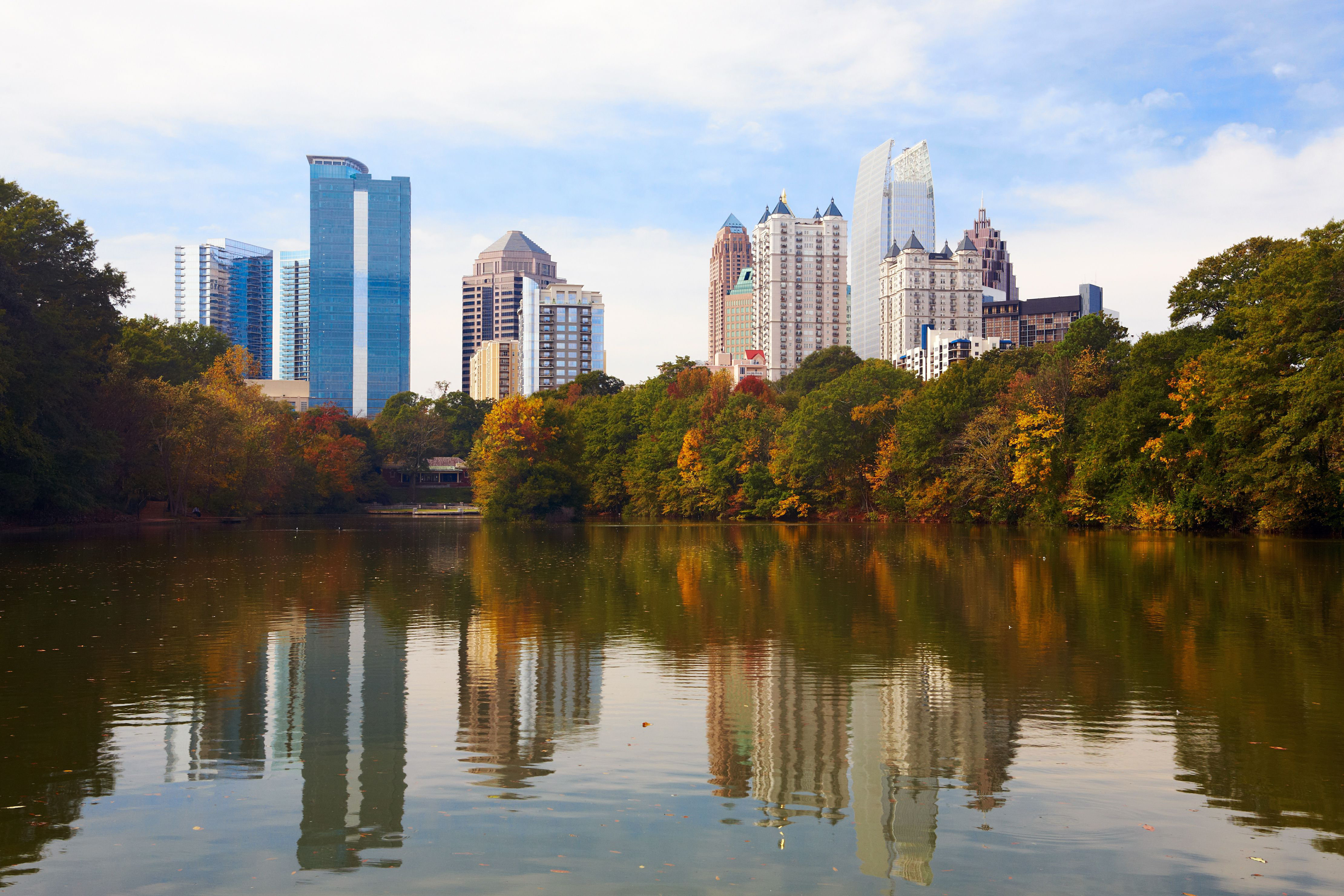 Ebern Designs Darthula Atlanta Reflected In Lake - Wrapped Canvas ...