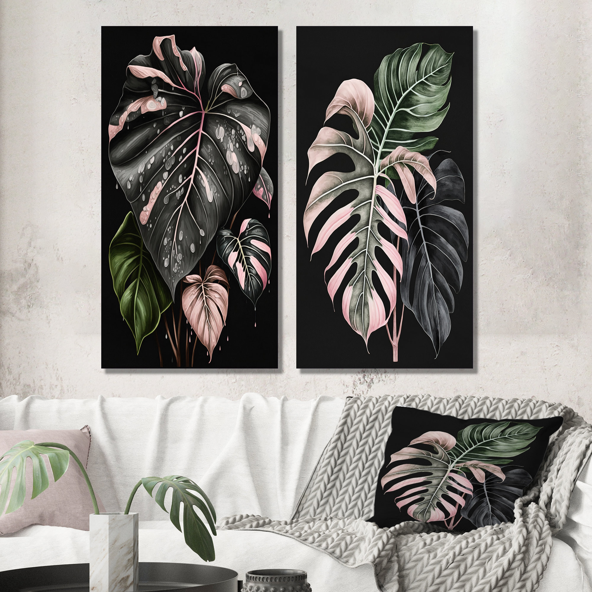 Bay Isle Home™ Pink And White Philodendron Leaf - Floral Wall Decor Set ...