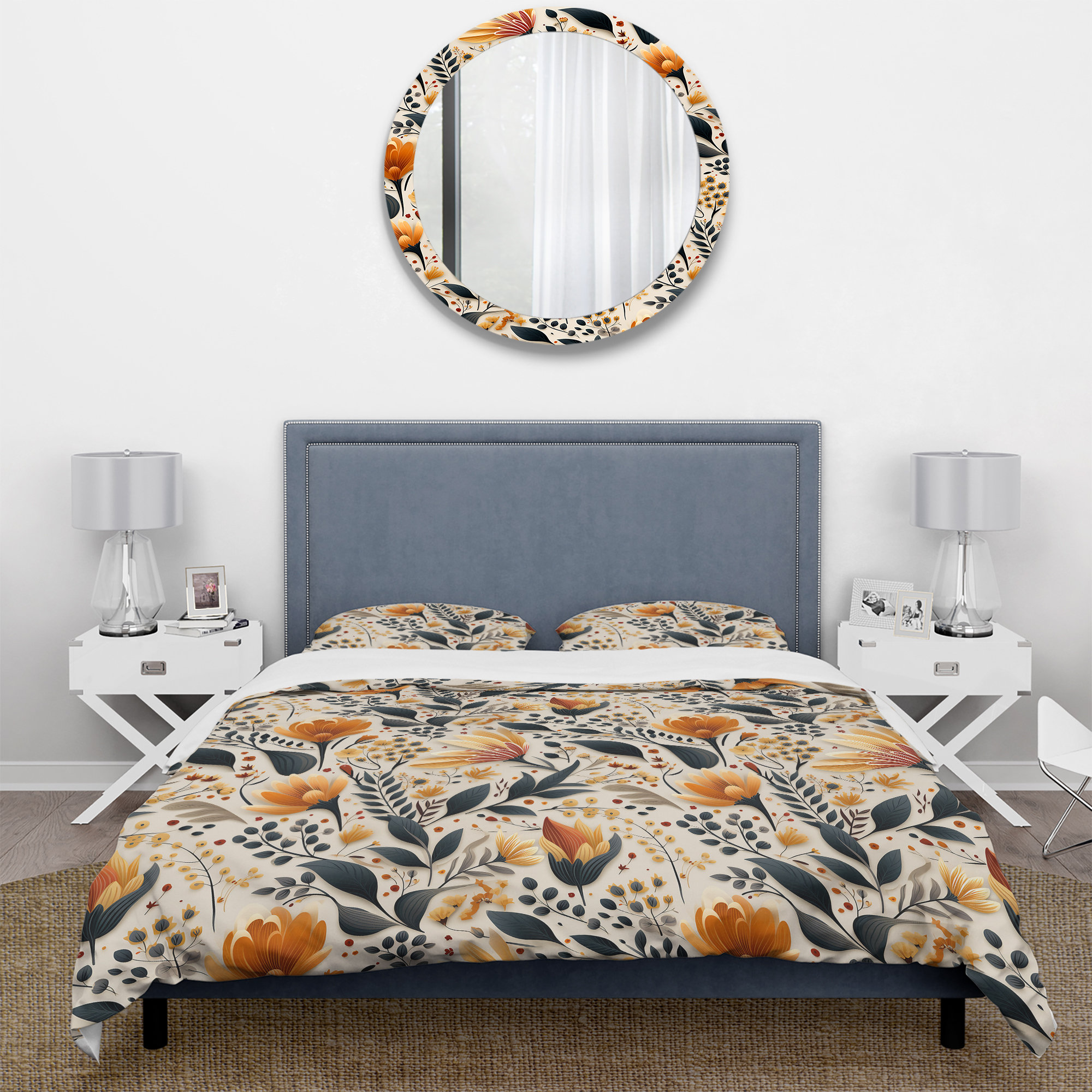 Design Art Earthy Tones Yellow And Blue Cottage Flowers Duvet Cover Set ...