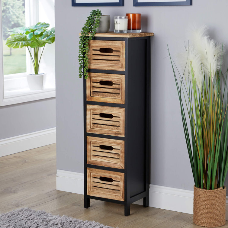 17 Stories Ribal Fully Assembled 5 Drawer Black and Oak Chest Storage ...