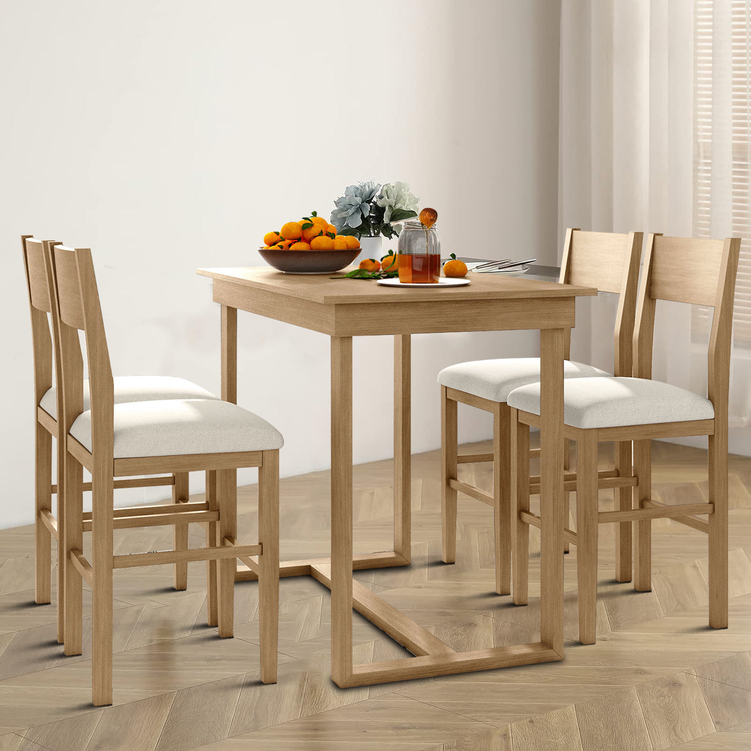 Red Barrel Studio Rustic Dining Table 5-Piece Set with Four Upholstered ...