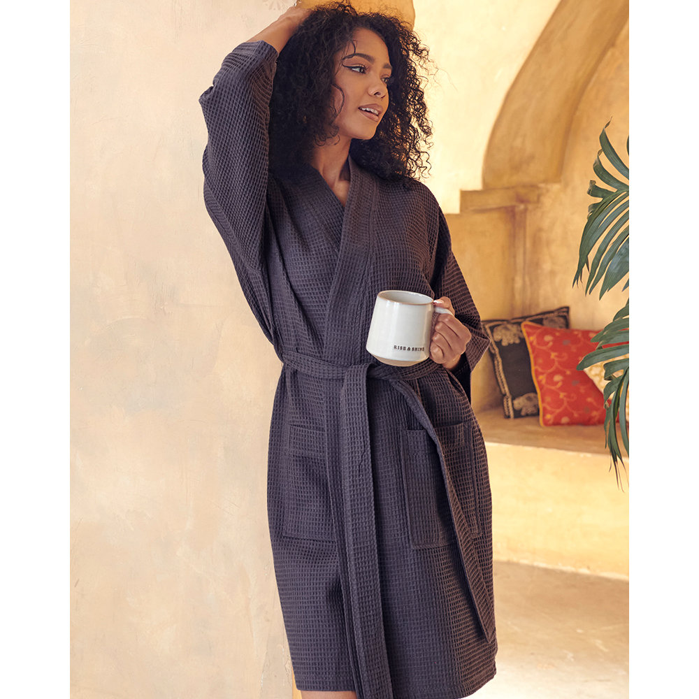 Lotus Linen Lightweight Short Waffle Robe Kimono Robes Spa Bathrobe ...