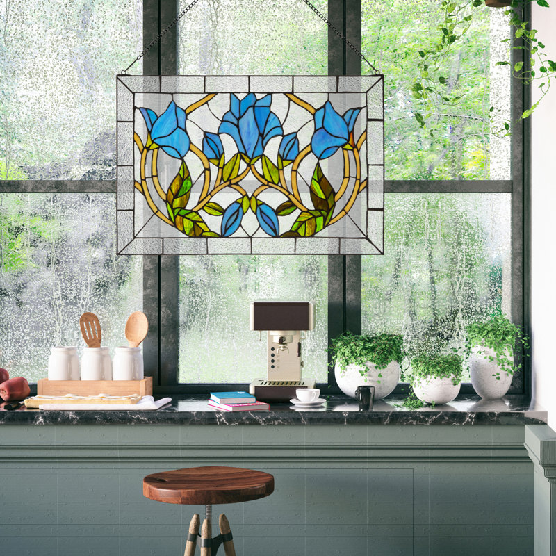 Fleur De Lis Living 16"H Floral Vines Multicolored Stained Glass Window ...